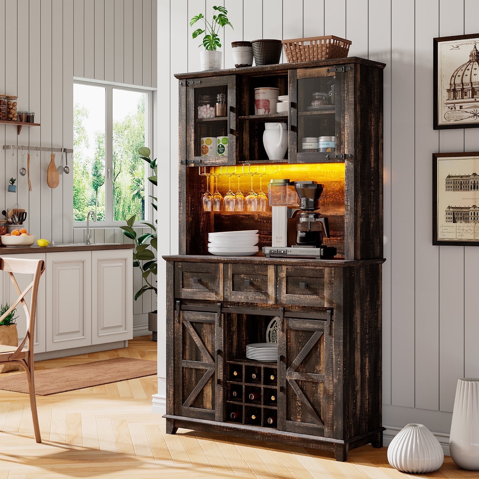VANACC Bar Cabinet w/Sliding Barn Door & LED Lights, 72" Coffee Wine ...
