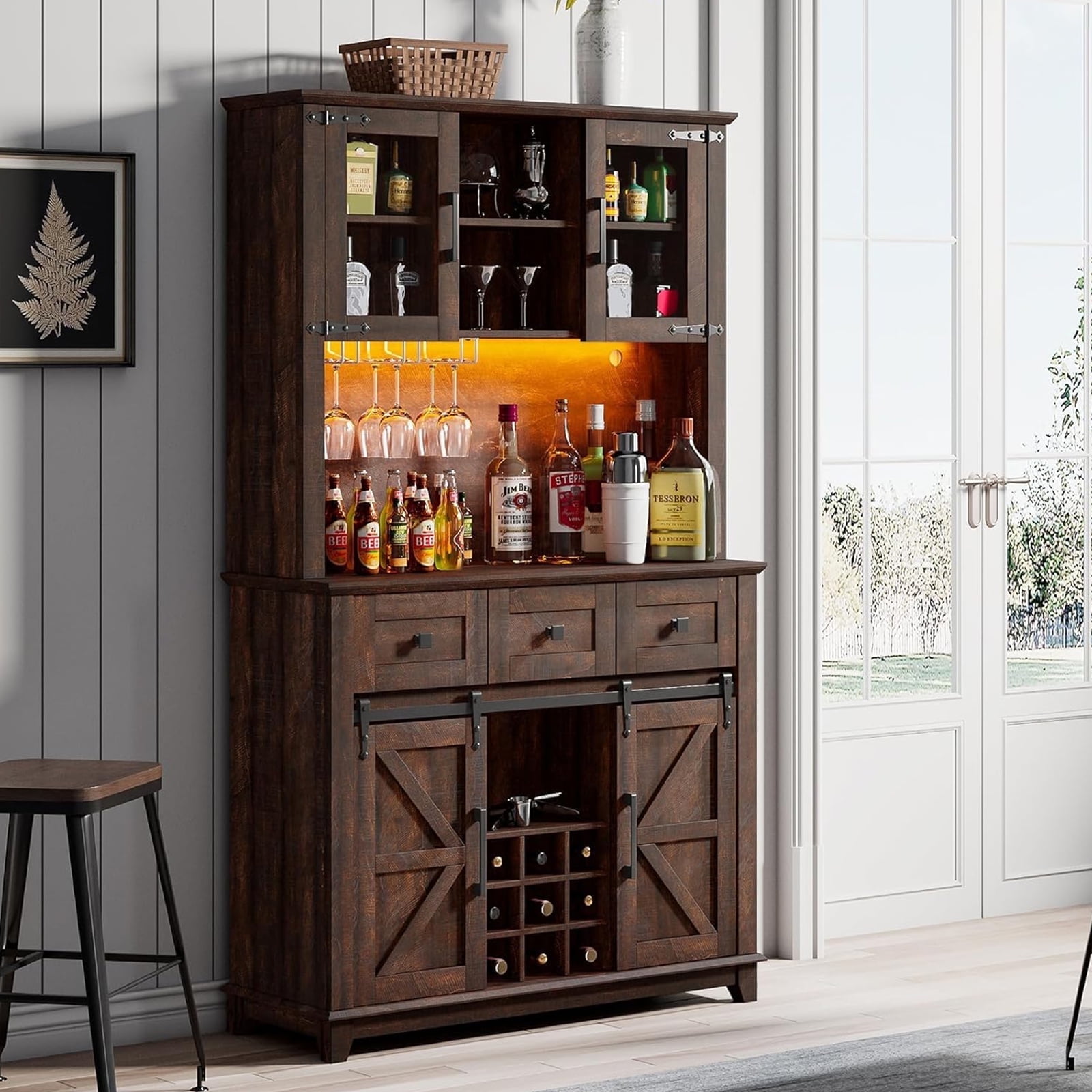 VANACC Bar Cabinet w/Sliding Barn Door & LED Lights, 72" Coffee Wine ...
