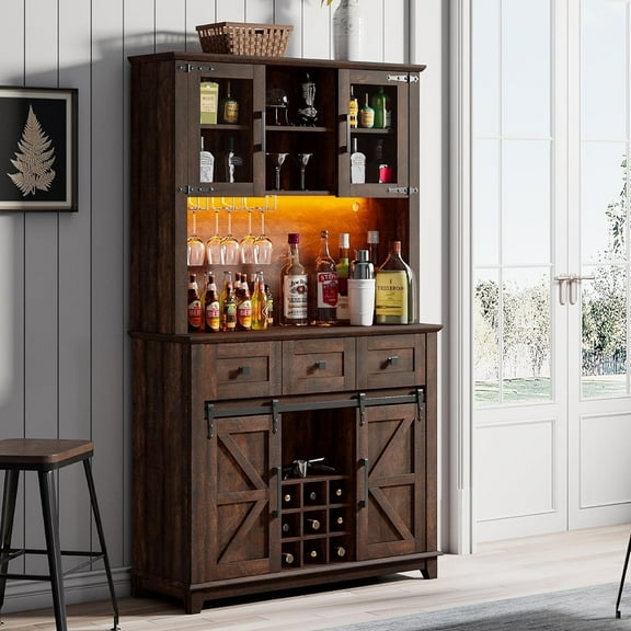 Coffee Bar Cabinet with Power Outlet and Voice Control LED Light Buffet ...