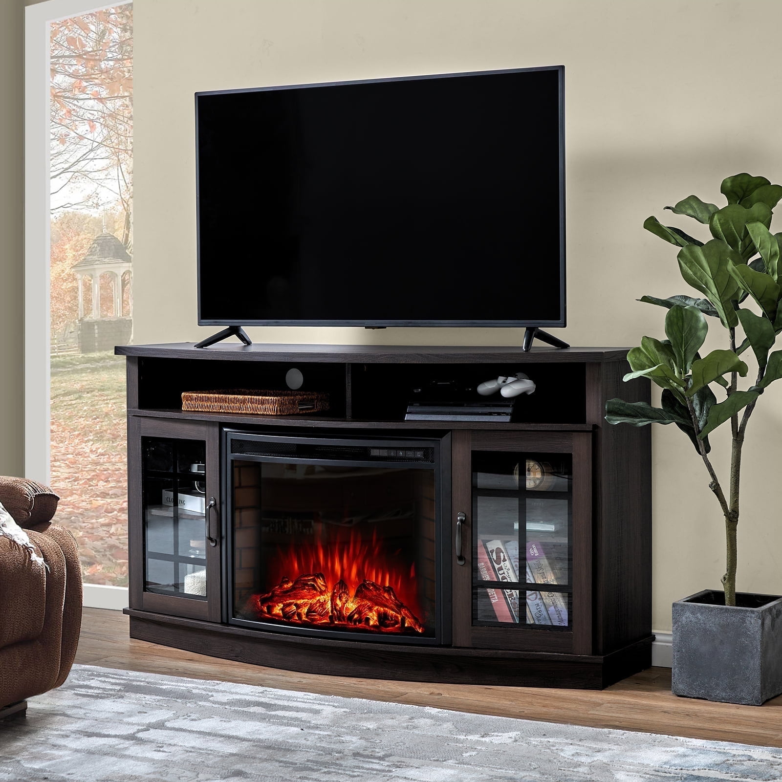 VanAcc, Curved Fireplace TV Stand, for TVs up to 65 inches, Espresso ...