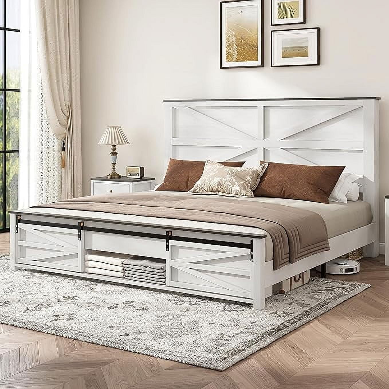 VANACC Farmhouse King Size Bed Frame, Wood Platform Bed Frame with ...