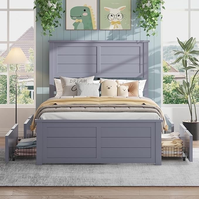 VANACC Farmhouse Twin Size Bed Frame with Headboard and 4 Storage ...