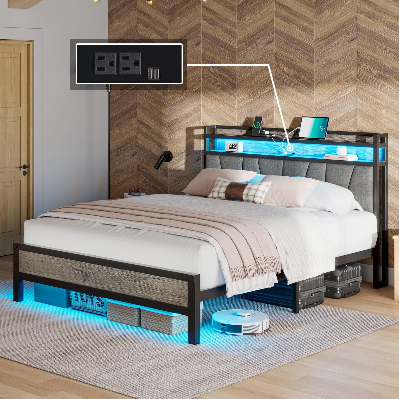 LUXOAK USB Full Bed with LED, Charging Station, Upholstered Headboard ...