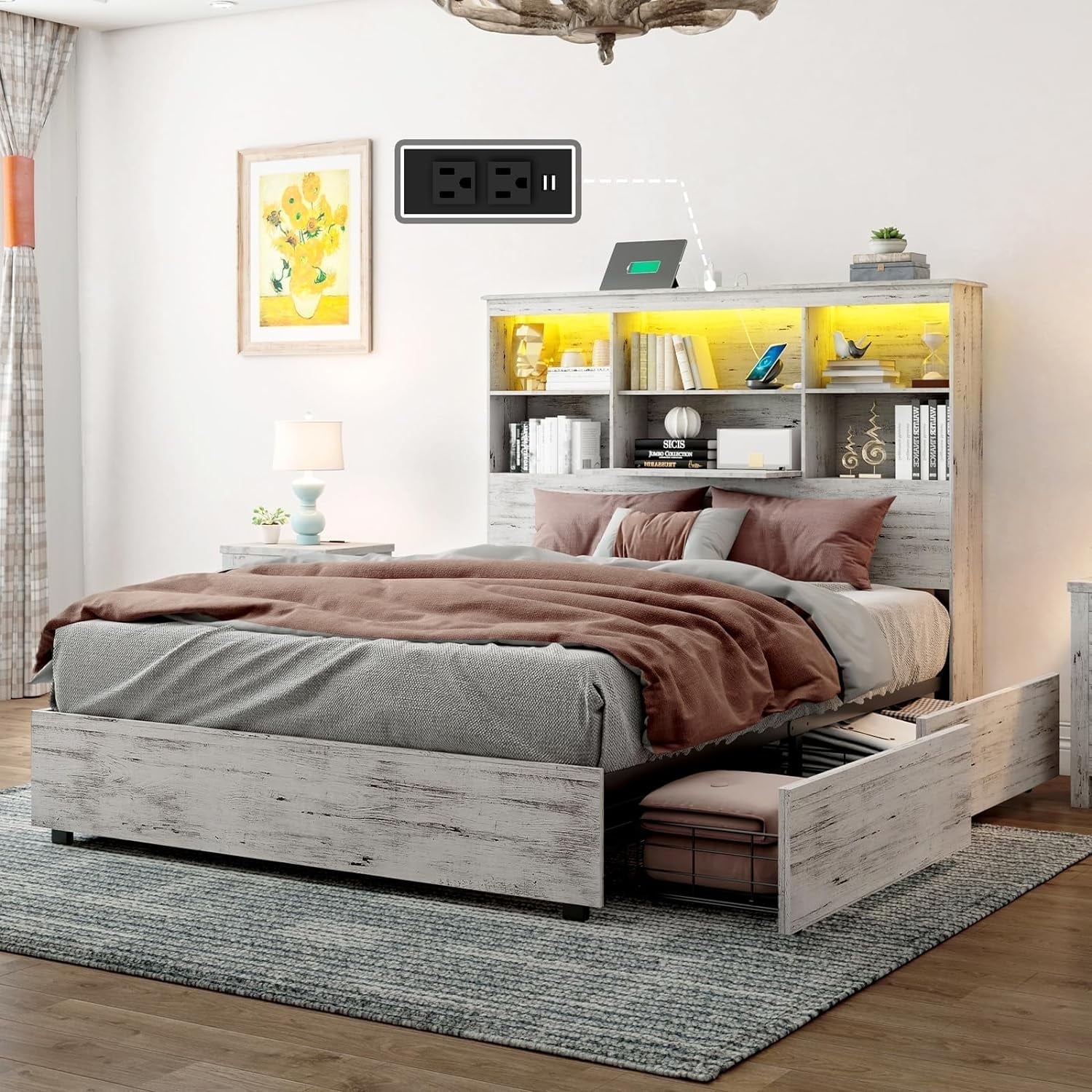 VANACC Full Size Bed Frame with LED Bookcase Headboard, Wooden Storage ...