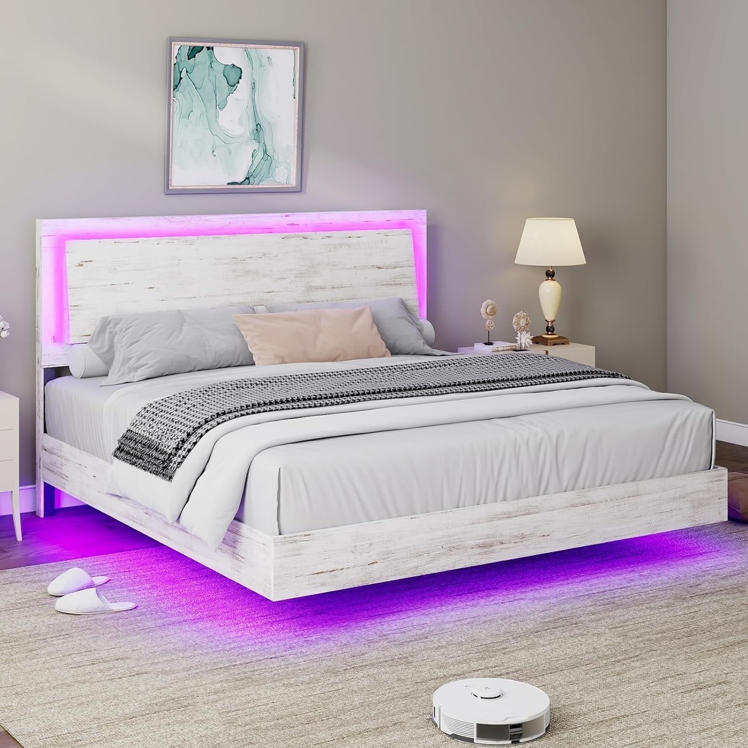 VANACC Full Size Wood Floating Bed Frame with Headboard & LED Light ...