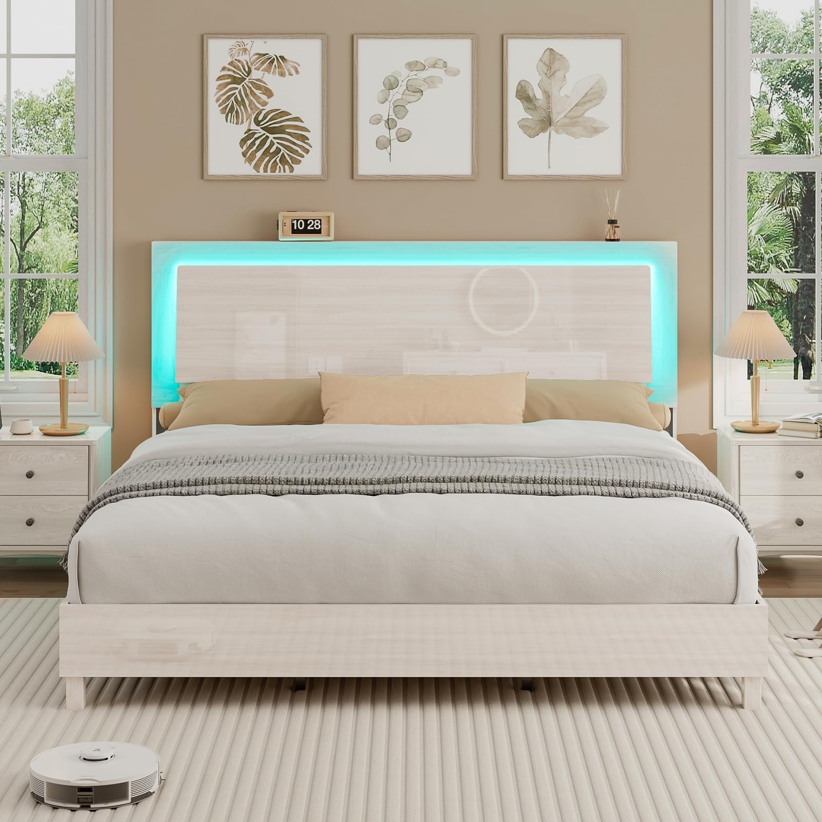 VANACC High Gloss Bed Frame with LED Headboard, Floating Ergonomic ...