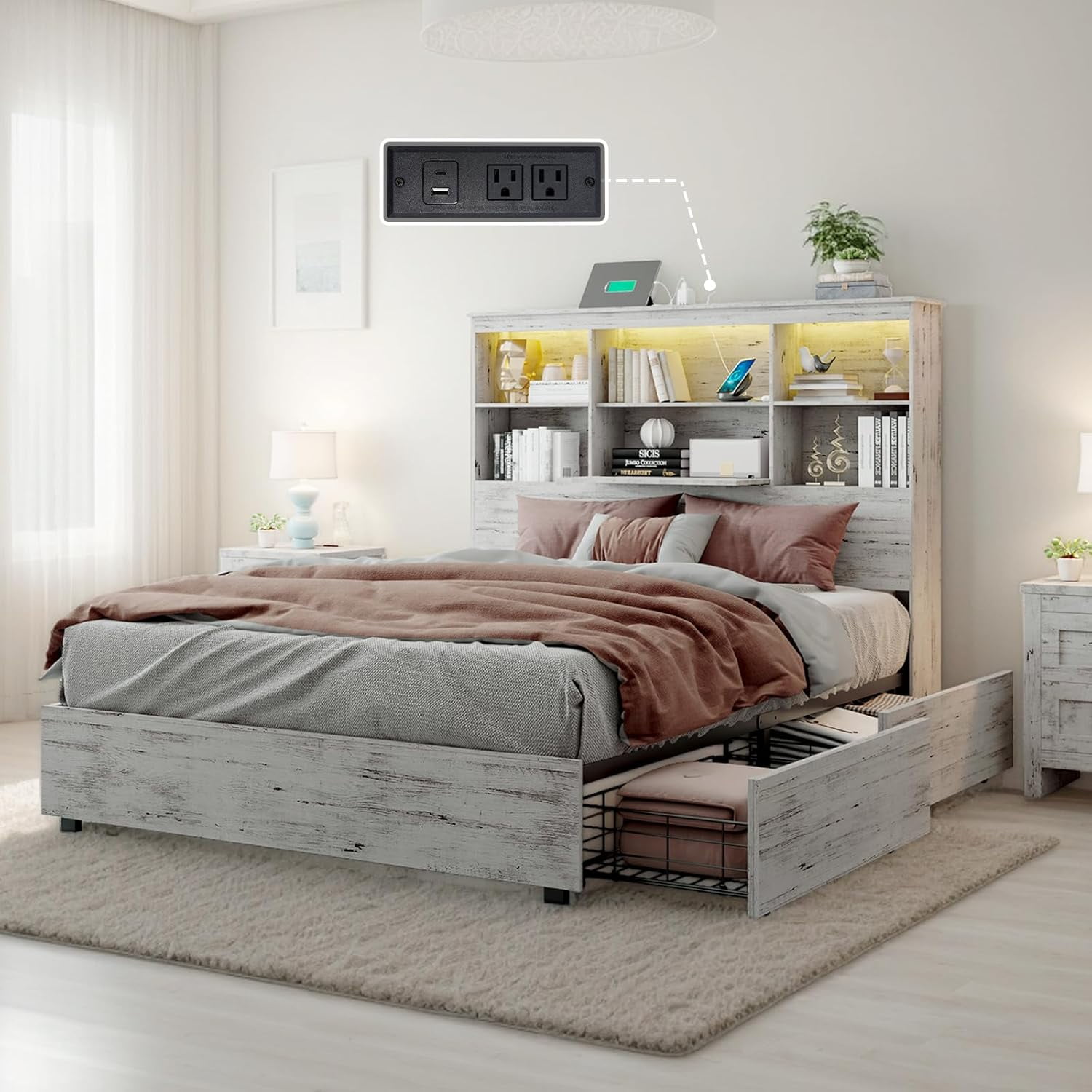 VANACC King Size Bookcase Bed Frame with LED Headboard and 4 Drawers ...