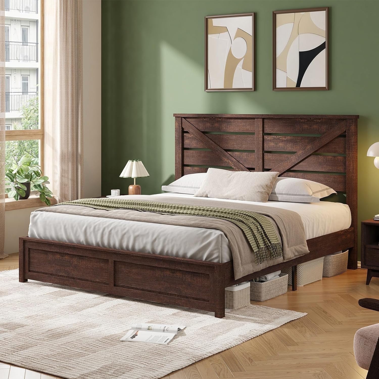 VanAcc King Size Platform Bed Frame with Wood Grain Headboard ...
