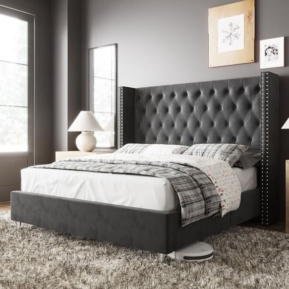 VanAcc Queen Bed Frame Upholstered Platform, Queen Size, Gray Velvet ...