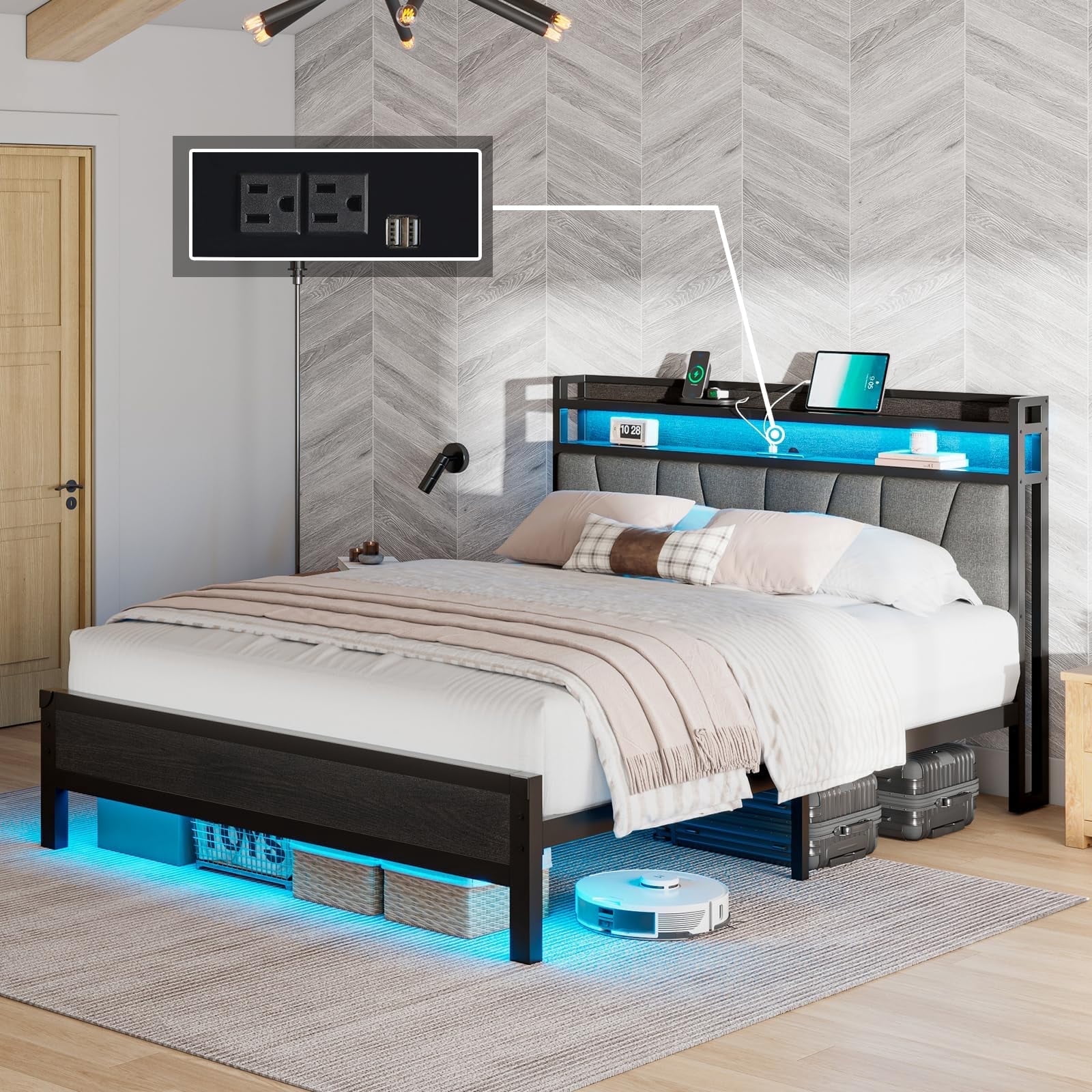 VANACC Queen Size Bed Frame with LED Lights and Charging Station ...