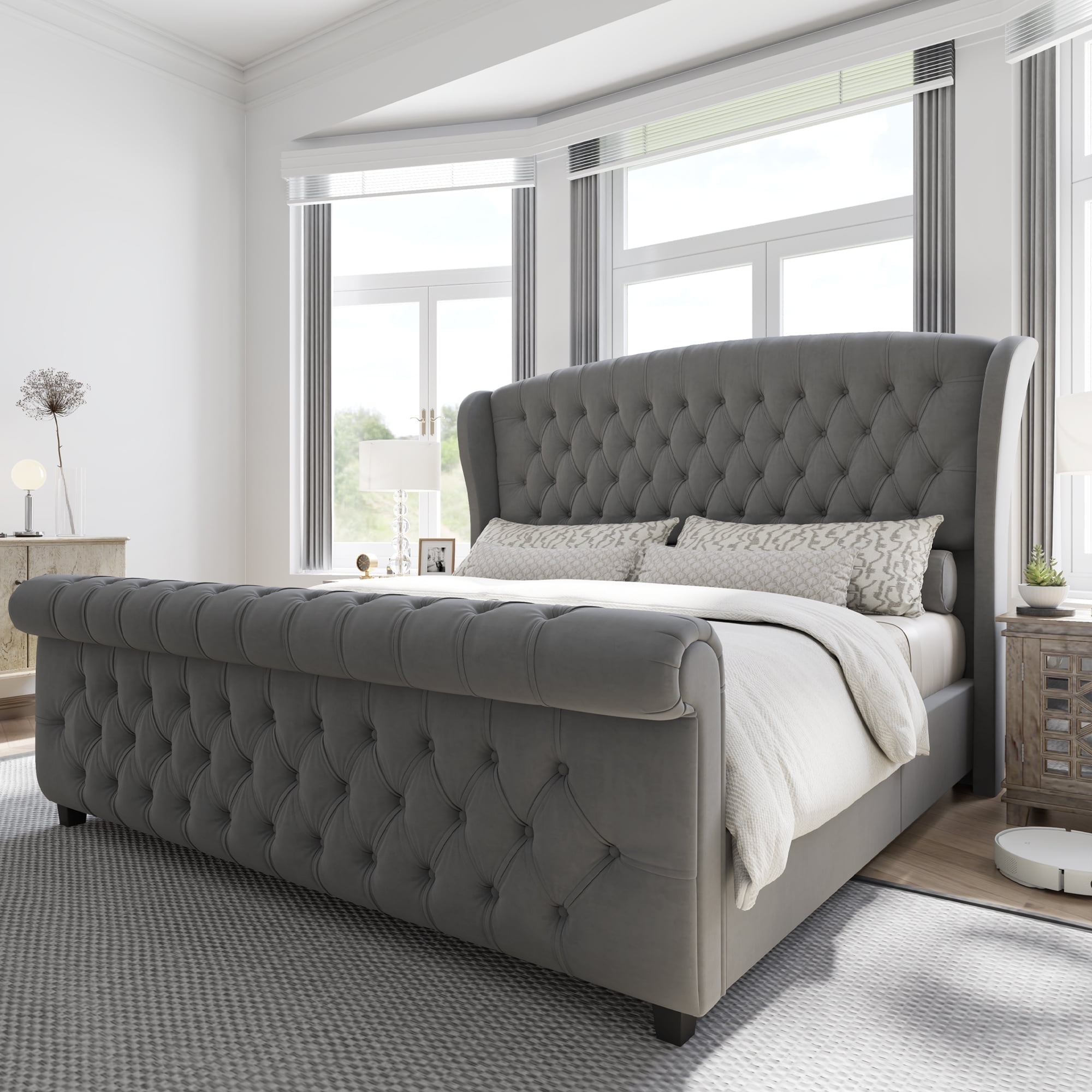 AMERLIFE Queen Velvet Upholstered Sleigh Bed, Wingback Headboard ...