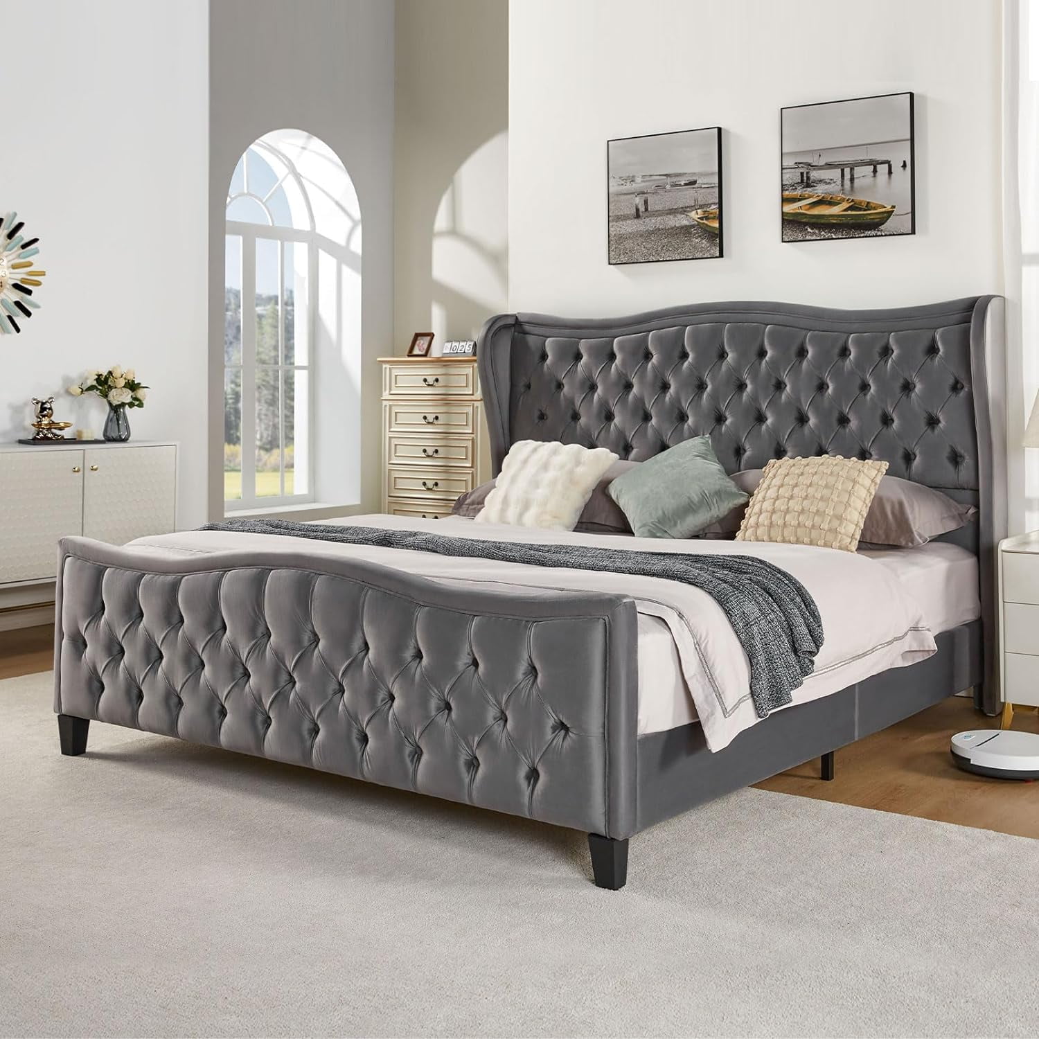 Howe Queen Size Tall Wingback Bed Frame, Velvet Upholstered with Deep ...