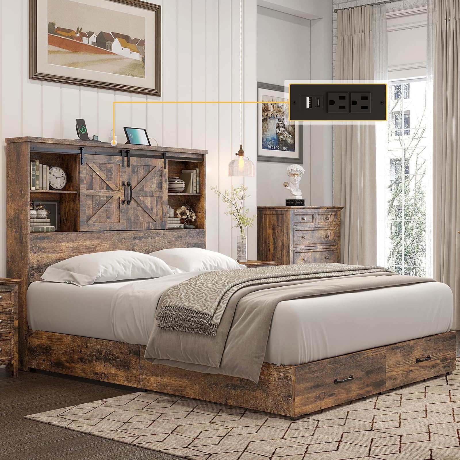 "HOWE Queen Size Retro Country Style Wooden Bed Frame with Storage and ...