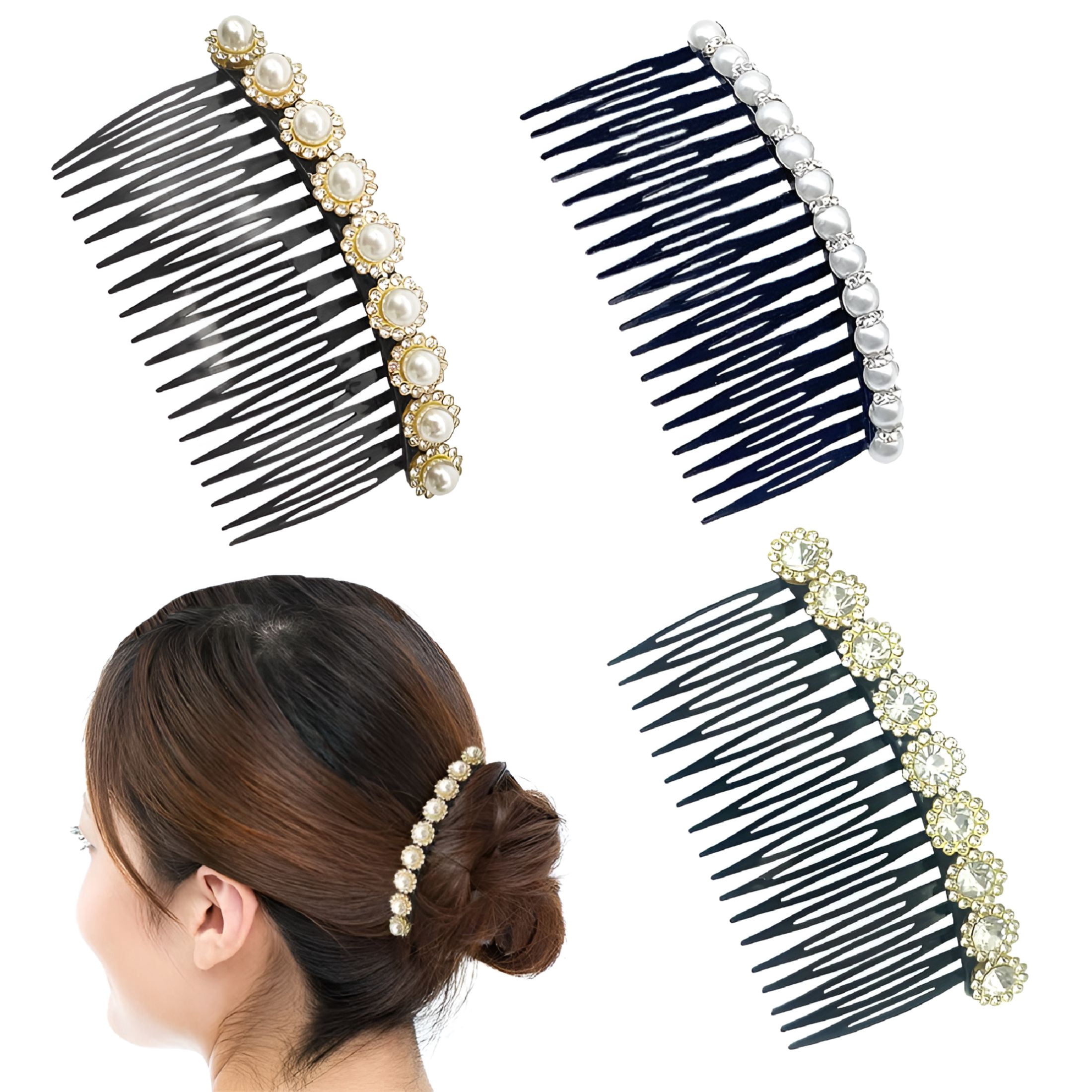 VANIDO Fancy Hair Combs for Women Decorative 3 Pieces Pearl Black Hair ...