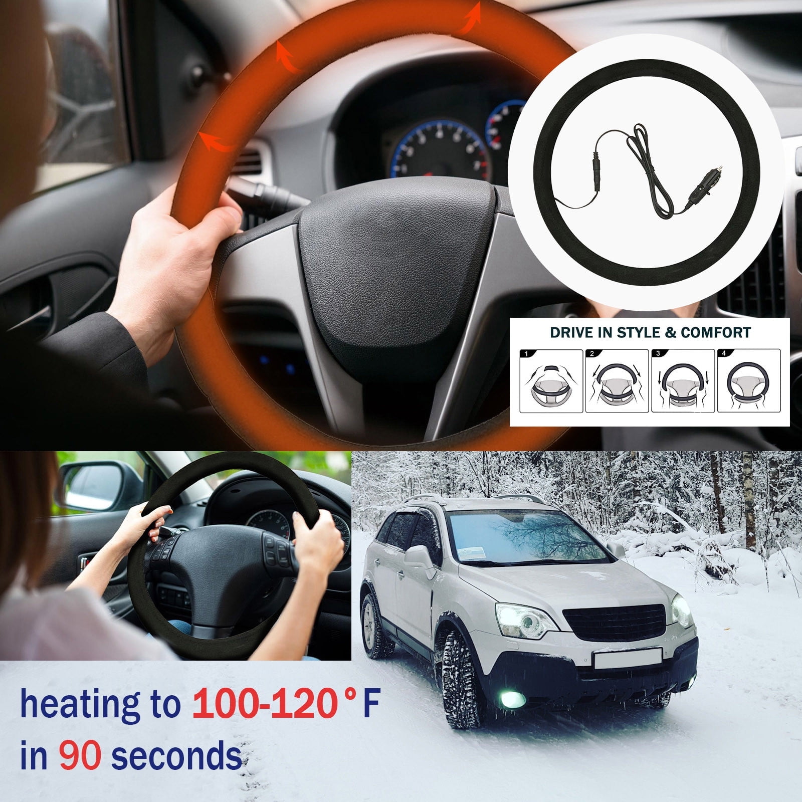VANLOFE 12V 15-inch Gray Heated Steering Wheel Cover, Heater Wrap for ...