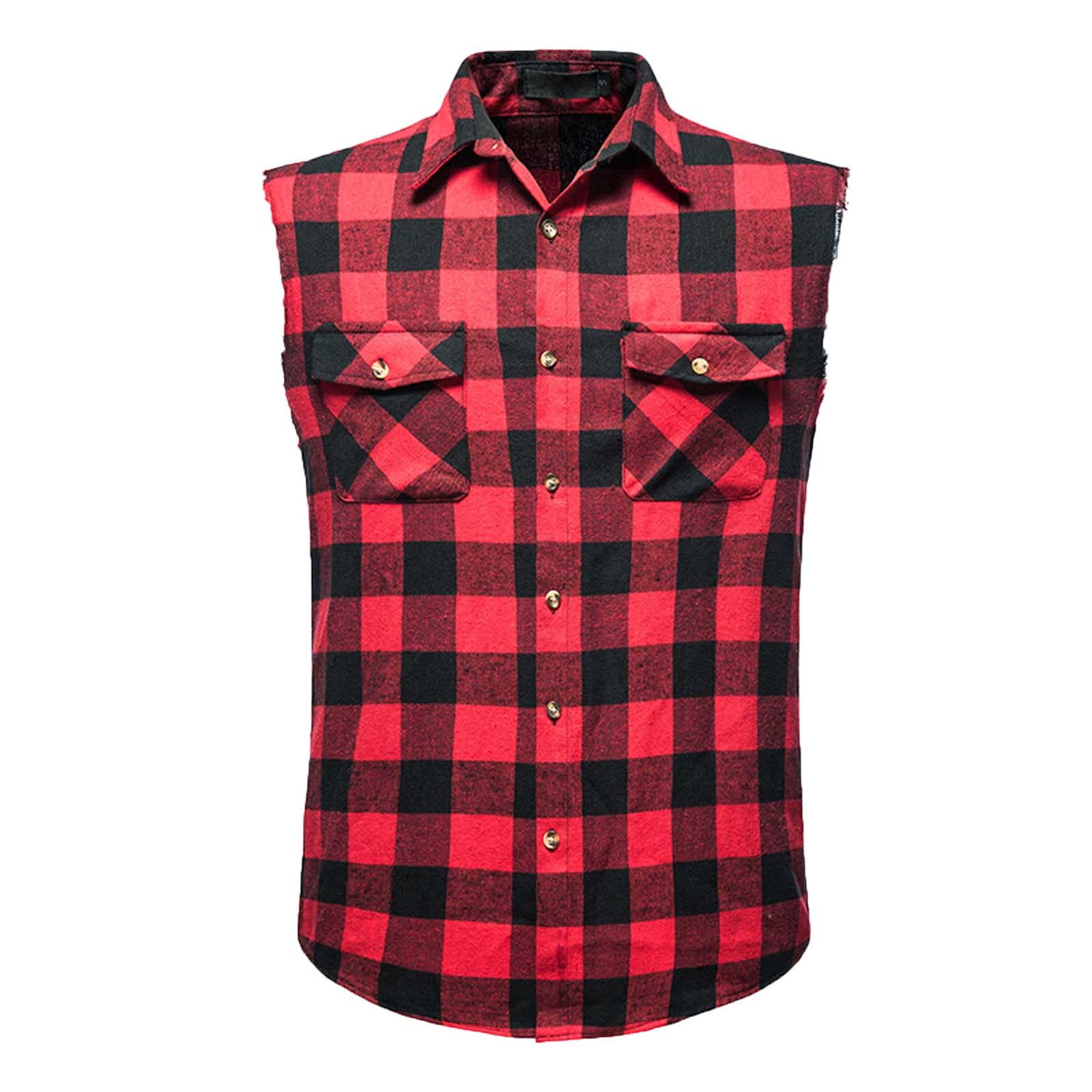 VANLOFE Mens Shirts Red Mens Flannel Shirts Men Casual Sleeveless ...