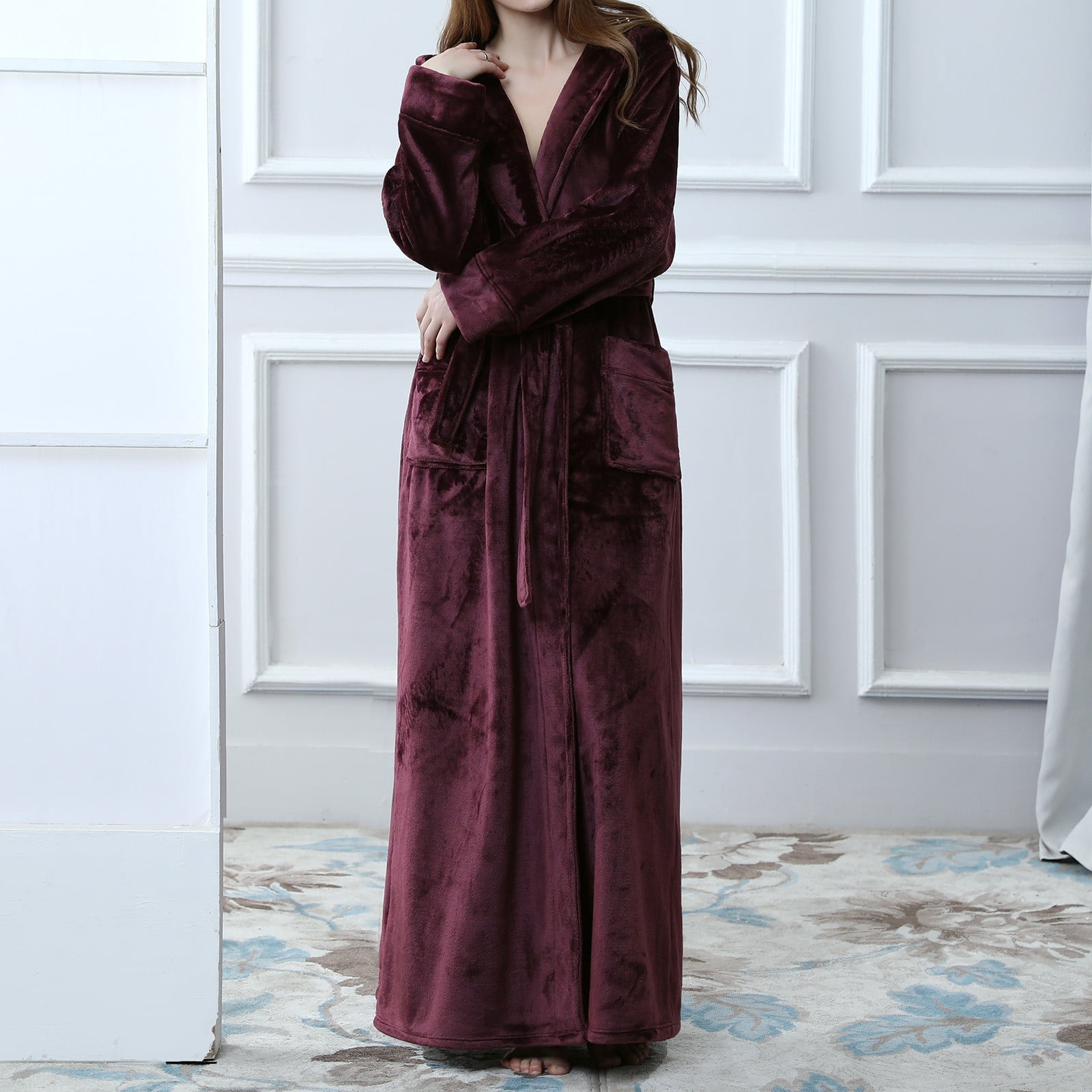 Vanlofe Unisex Warm Pajamas Household Clothes Solid Bathrobe Lengthened Night Robe Womans