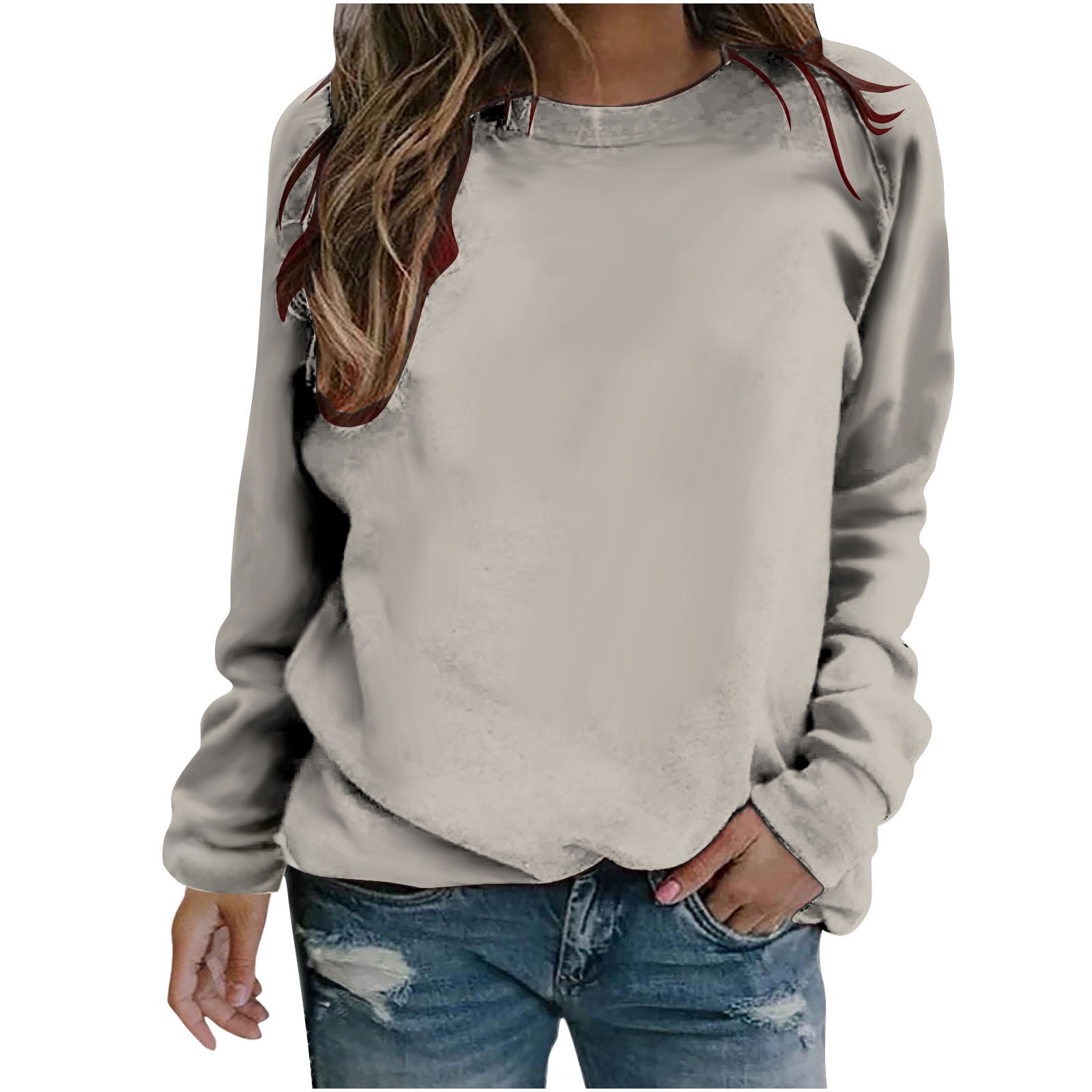 VANLOFE Women's Solid Color Long Sleeve Sweatshirt Crewneck Sweatshirt ...