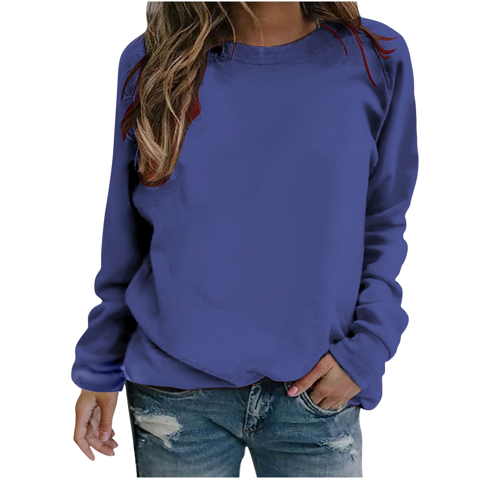 VANLOFE Women's Solid Color Long Sleeve Sweatshirt Round-Neck ...