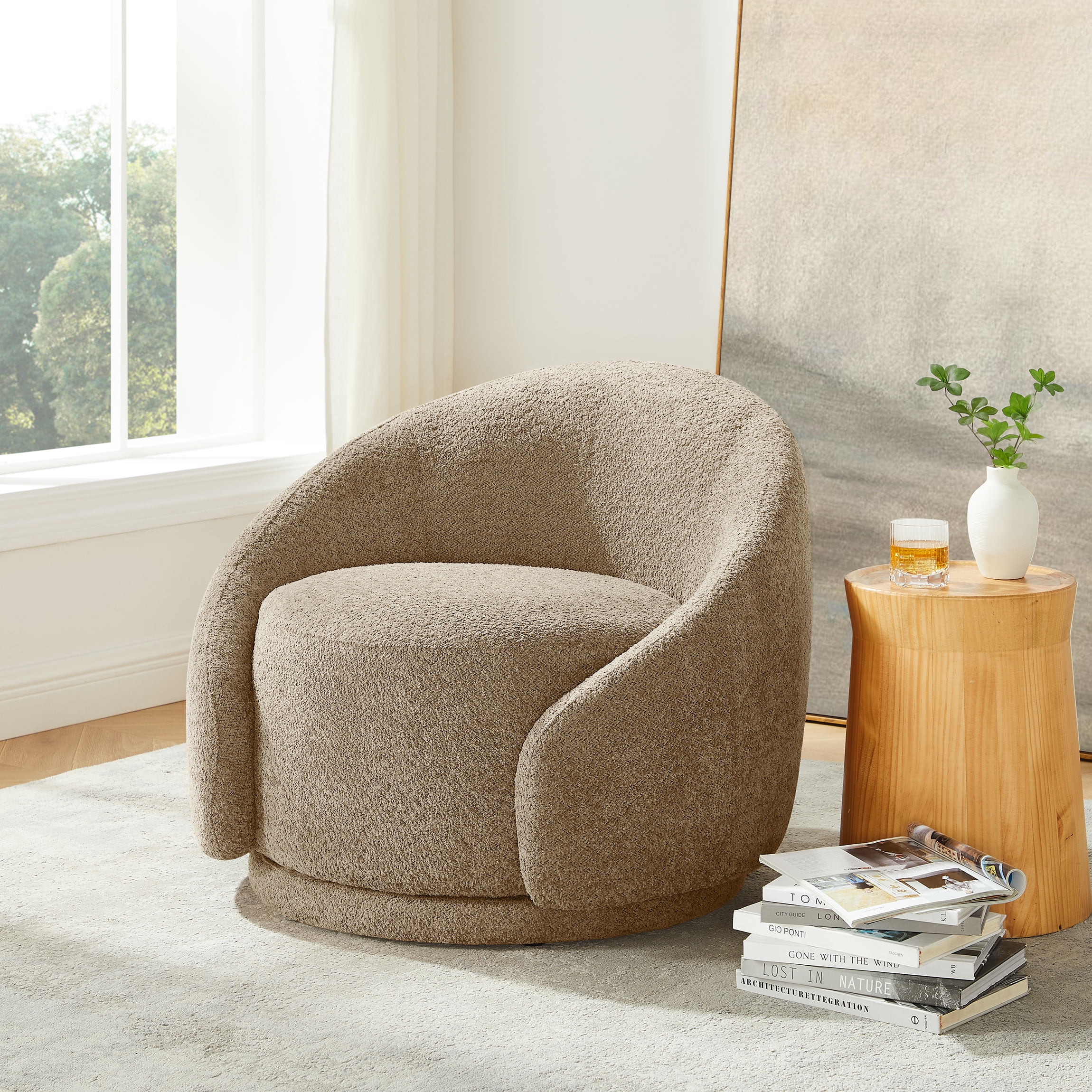 VANOMi Mid Century High density Sponge Solid Wood Swivel Armchair Light Brown Walmart