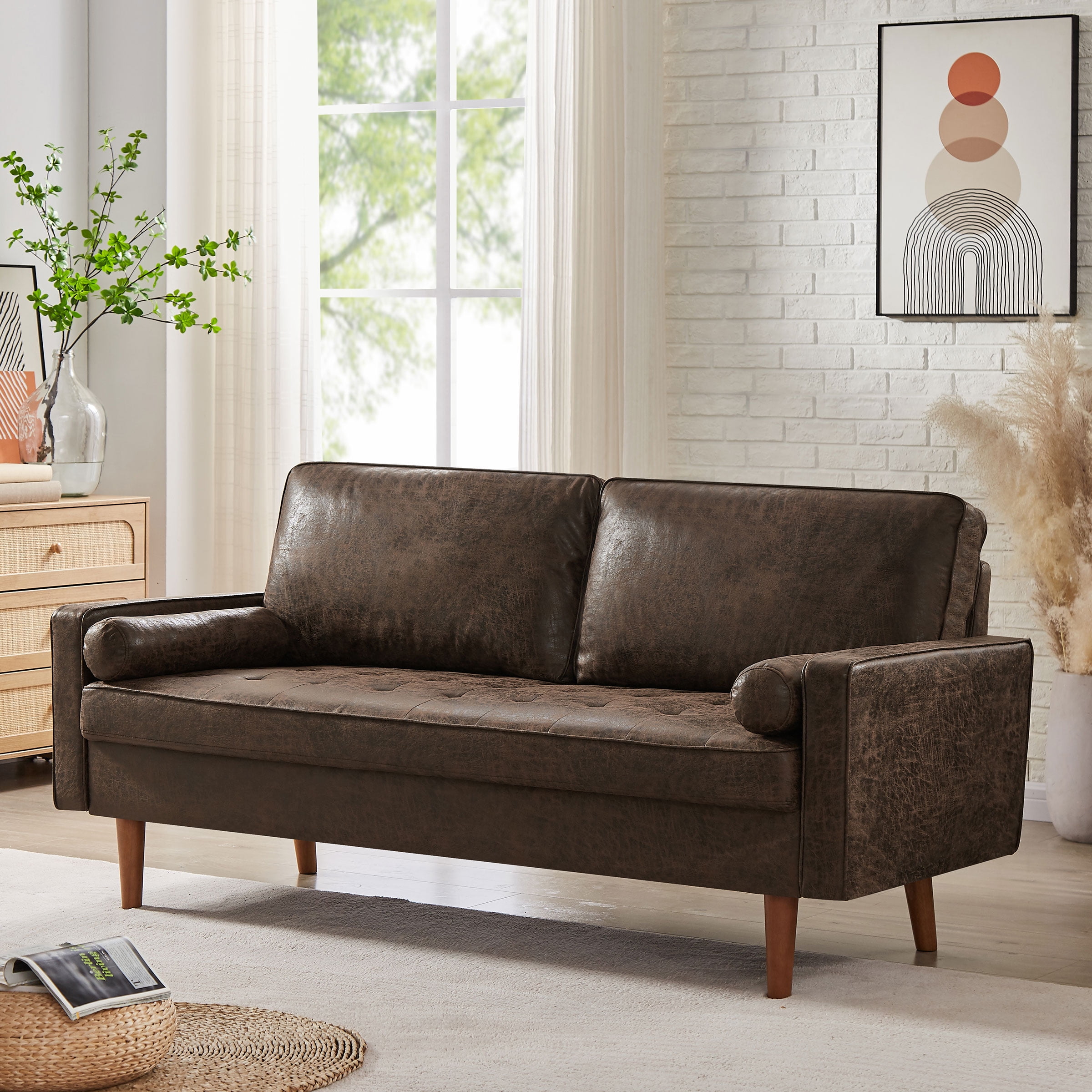 VANOMi Mid-Century Modern Faux Leather Loveseat, 69 inch Long Sofa ...