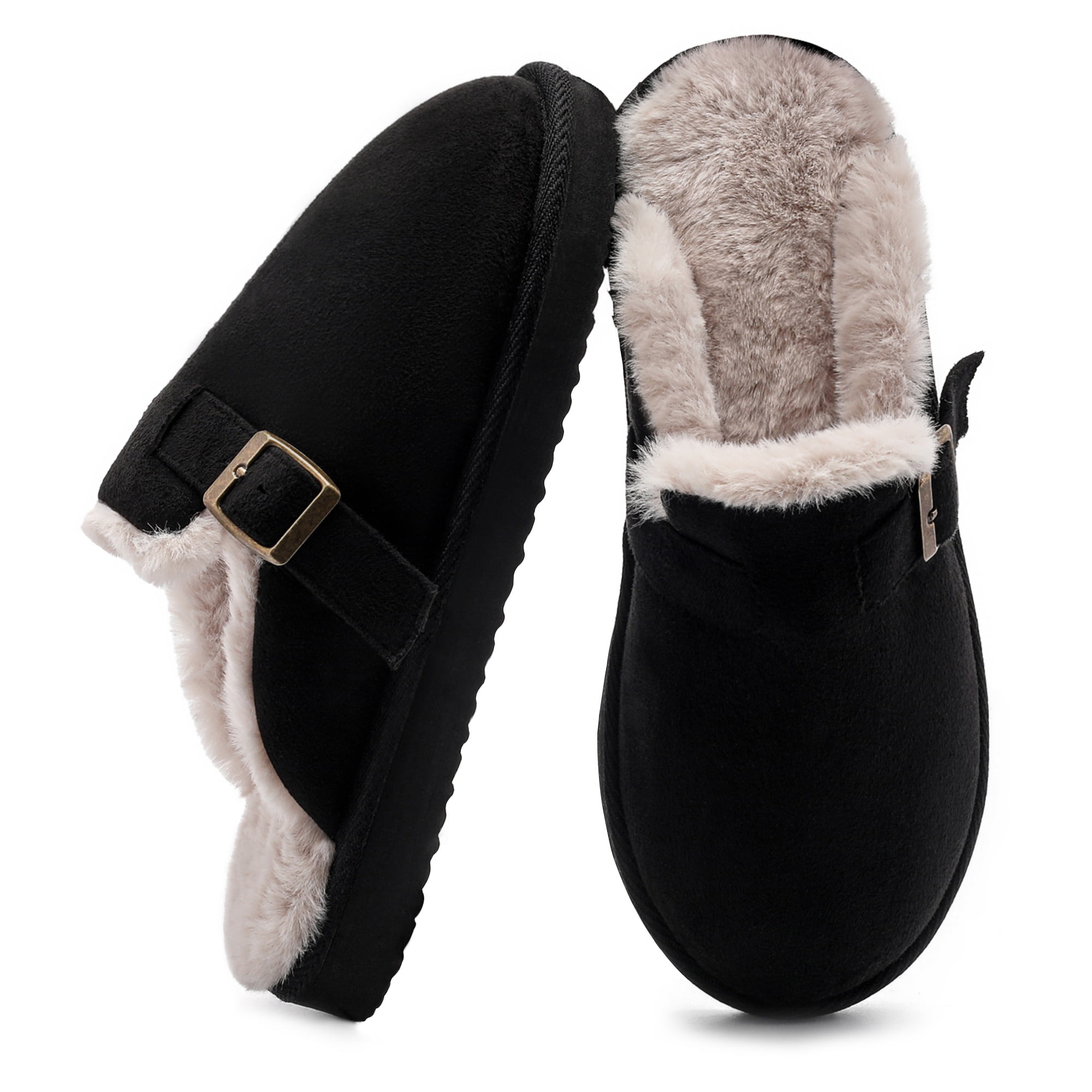 VANSARTO Women's Fuzzy Suede Slippers Faux Fur Memory Foam Scuff ...