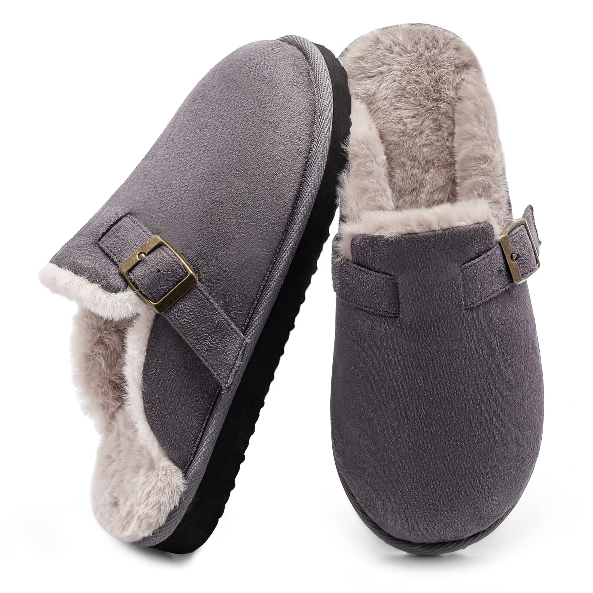 VANSARTO Women's Fuzzy Suede Slippers Faux Fur Memory Foam Scuff ...