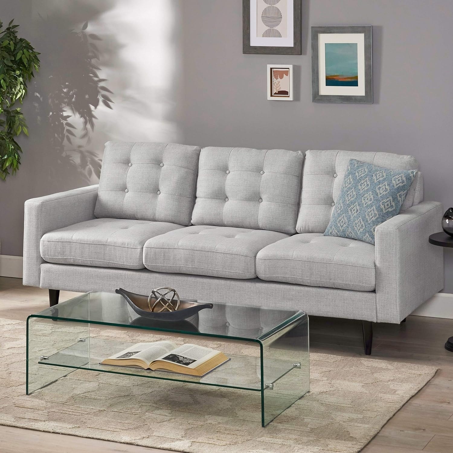 VANTOUL Contemporary Tufted Fabric 3-Seater Sofa with Rubberwood Legs ...