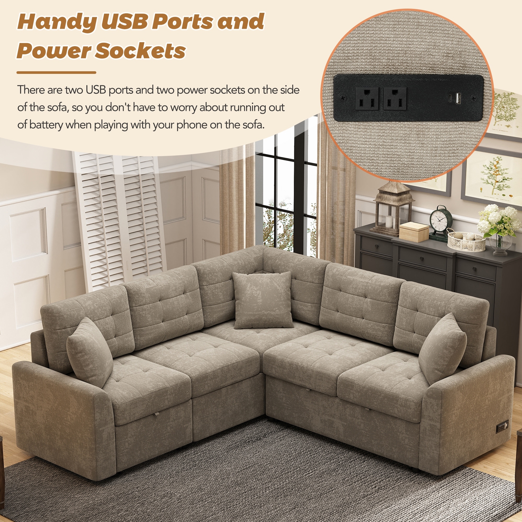 VANTOUL Convertible Sofa Bed Pull Out Sleeper Sofa L-Shaped Couch ...