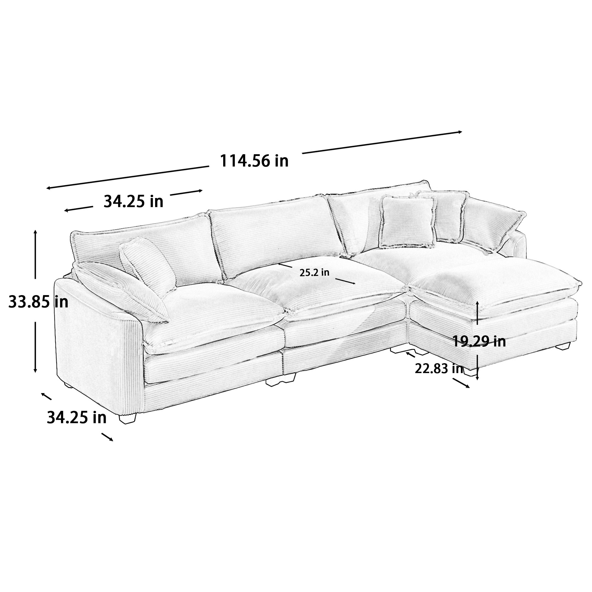 VANTOUL Sectional Deep Seat 3-Seater Sofa with 1 Ottoman and Armrests ...