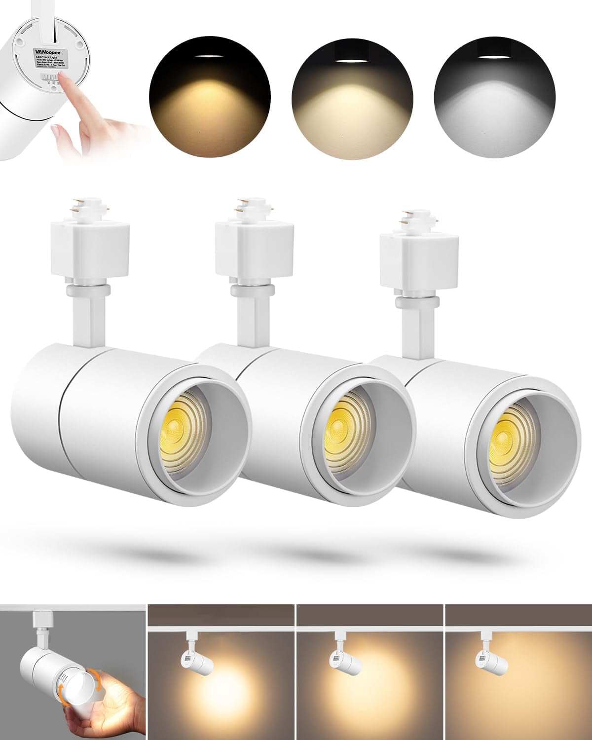 VANoopee 3-Color Zoomable 20W LED Track Lighting Heads H Type Track ...