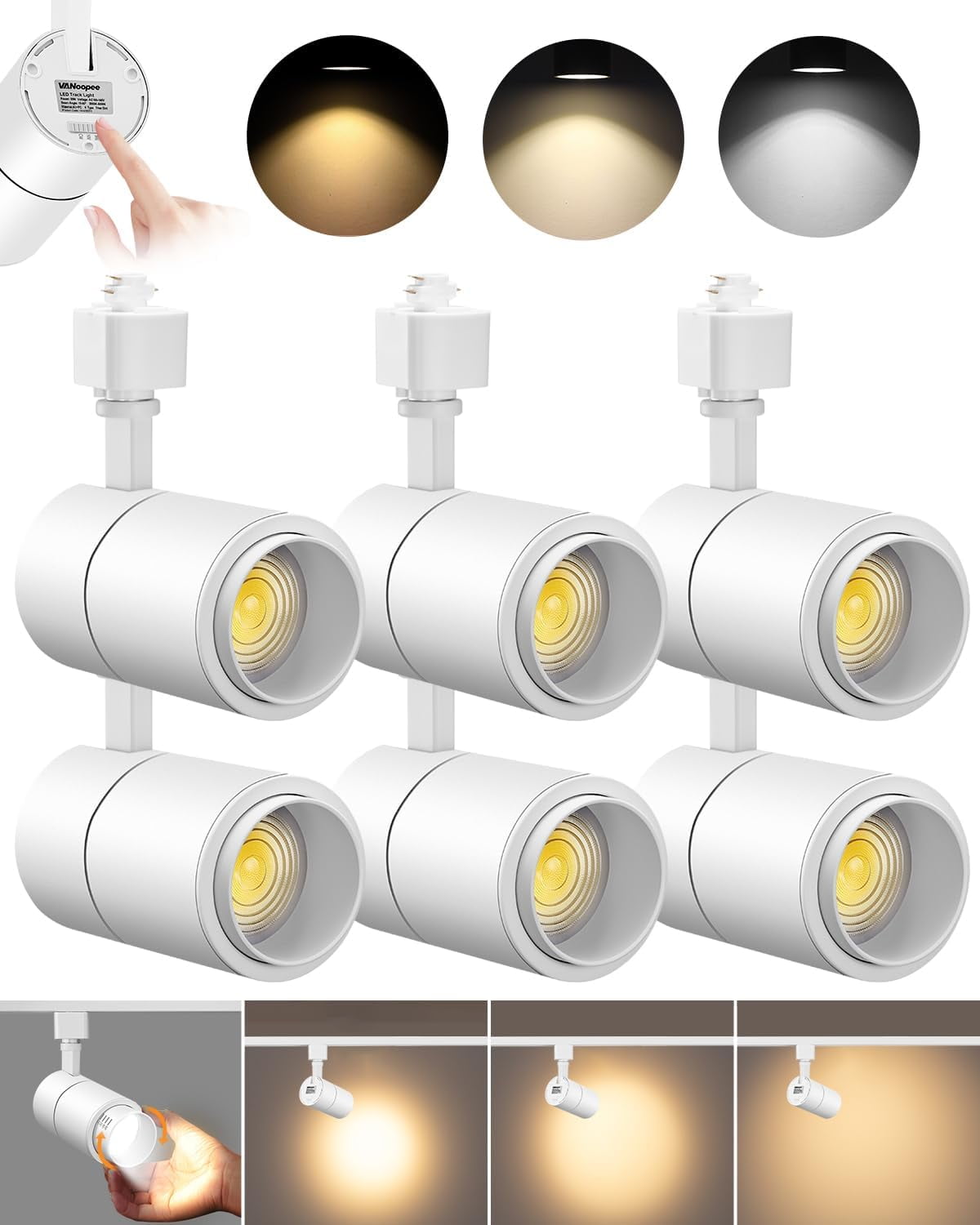 VANoopee 3-Color Zoomable 20W LED Track Lighting Heads H Type Track ...