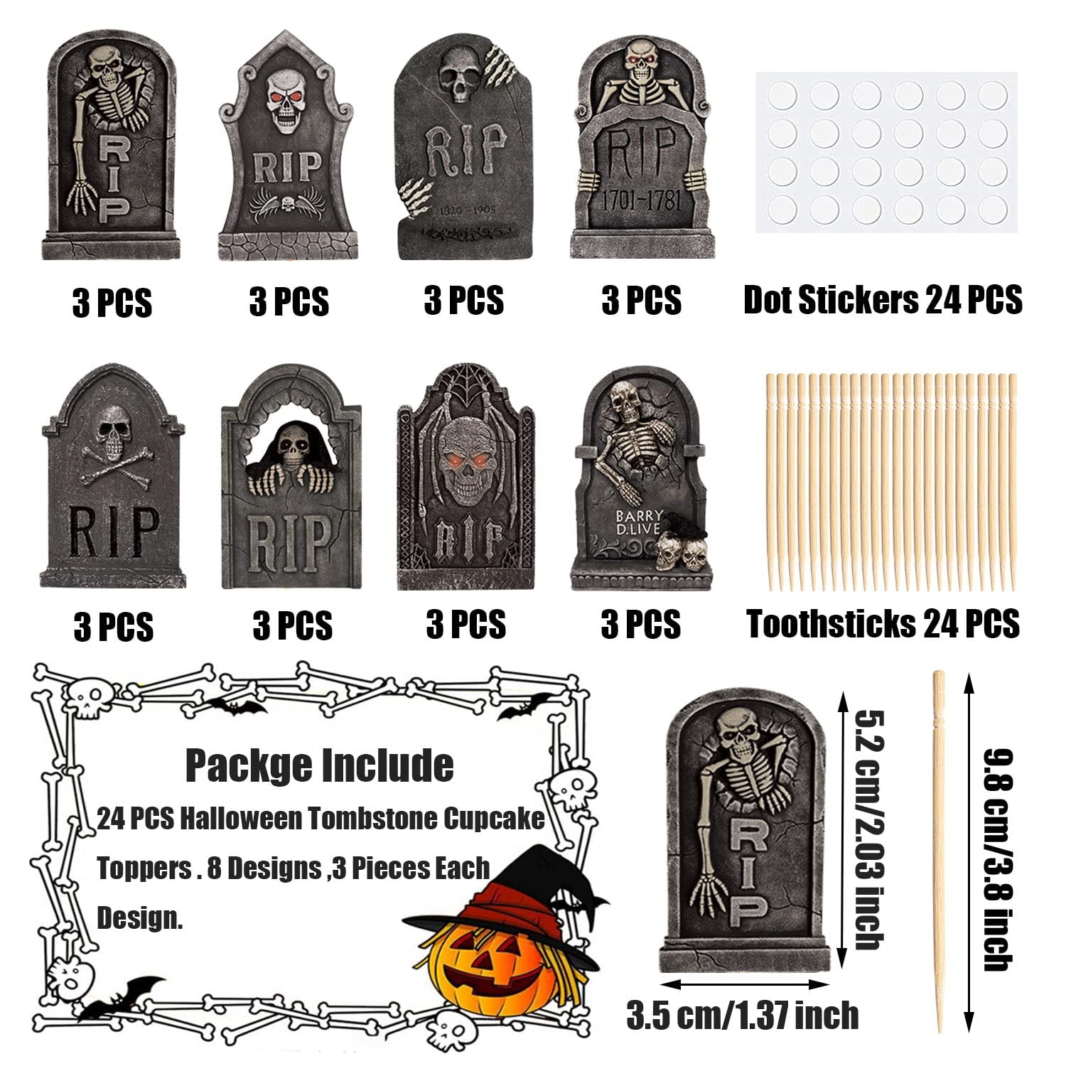 VARACL 24 Pieces AJH3 Halloween Tombstone Cupcake Toppers, 8 Tombstone ...