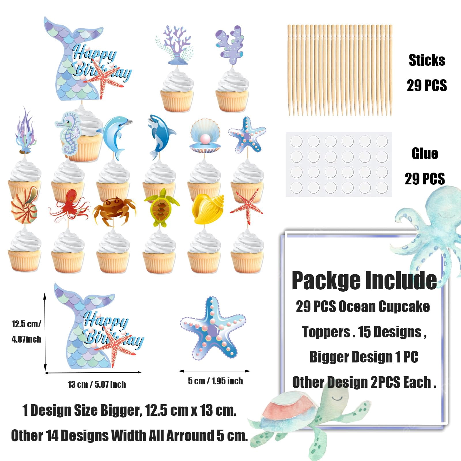 VARACL 29PCS Ocean AJH3 Cupcake Toppers, Ocean Animals Cake Toppers ...