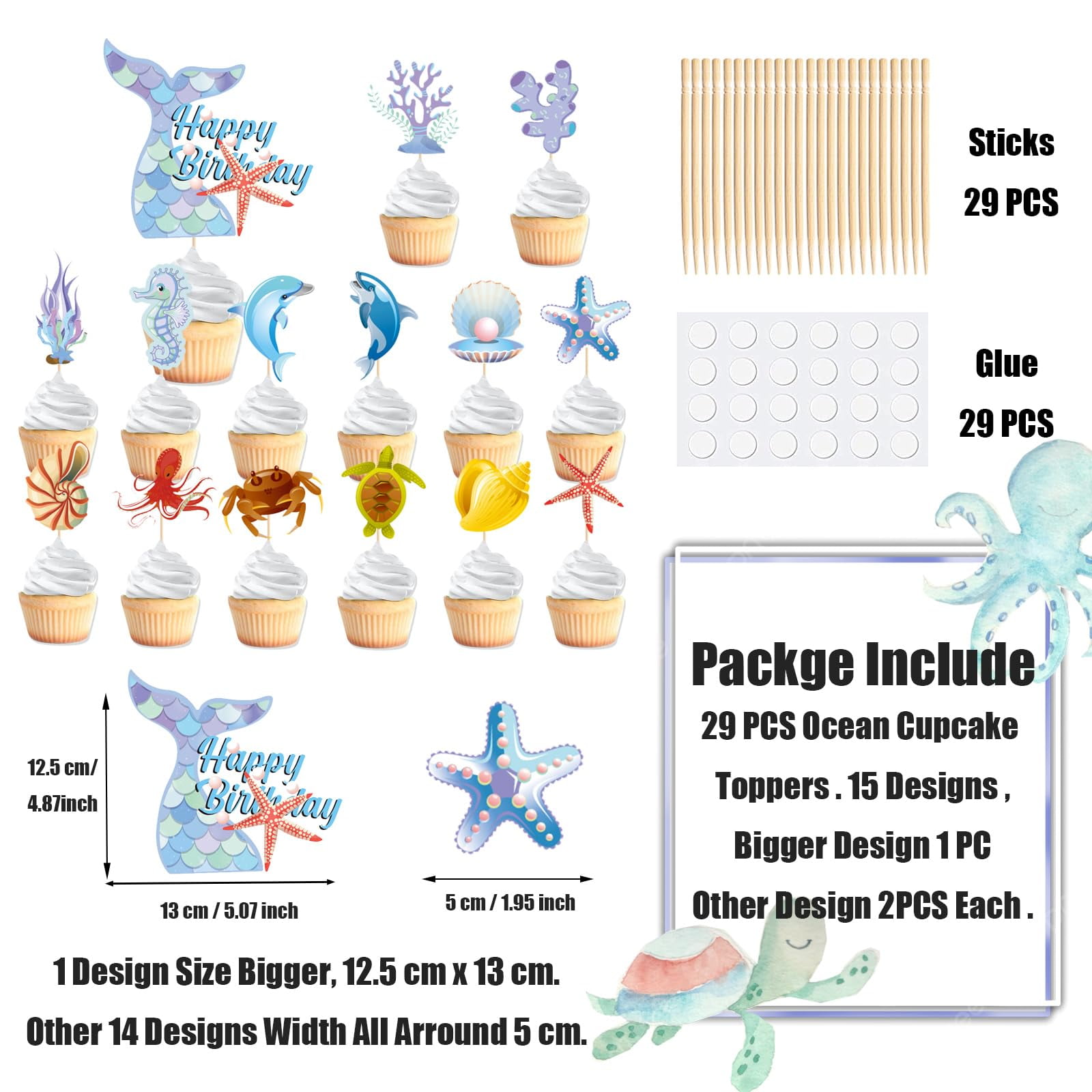 VARACL 29PCS Ocean TWE5 Cupcake Toppers, Ocean Animals Cake Toppers ...