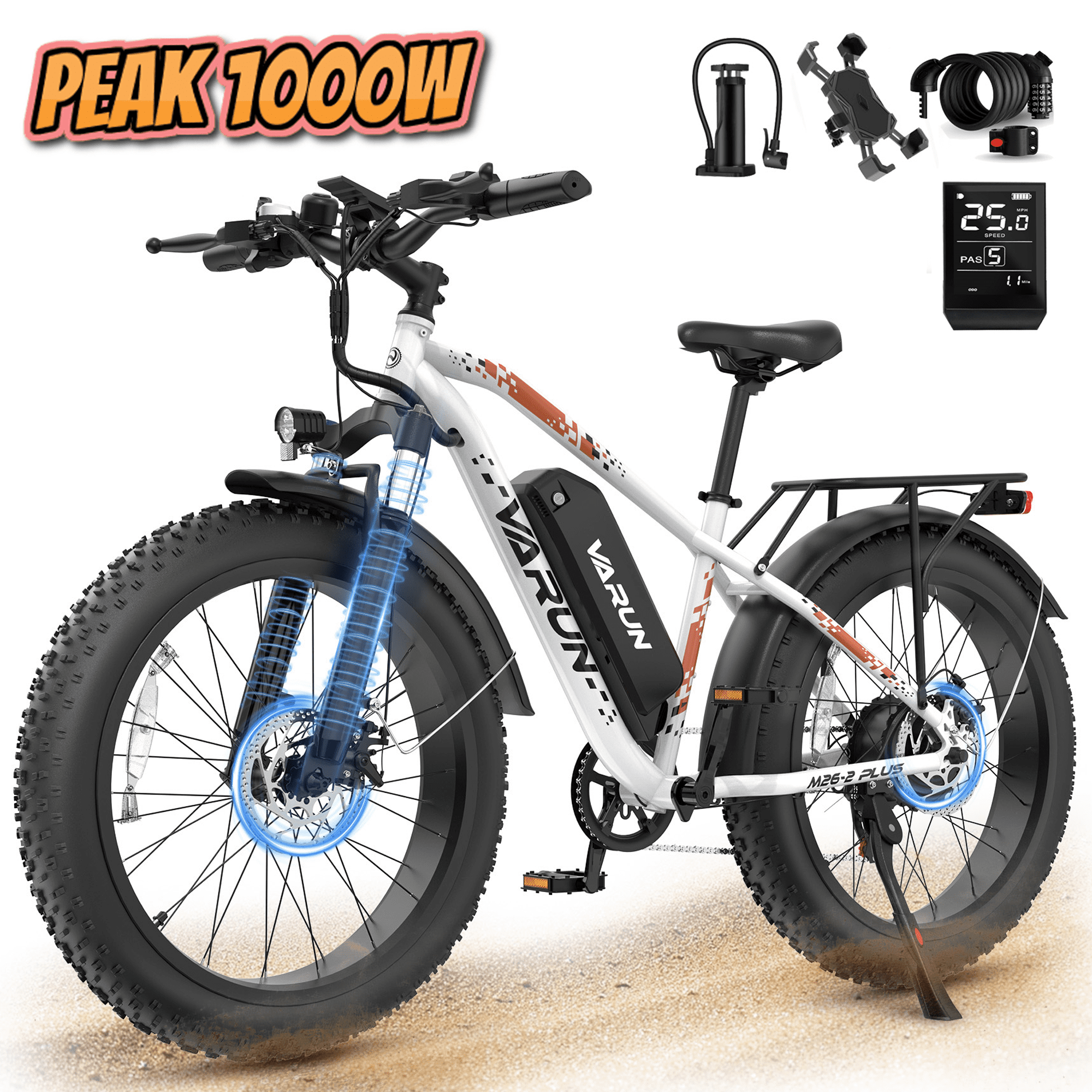 VARUN Electric Bike, 26" Fat Tire EBike for Adult with Peak 1000W 48V ...