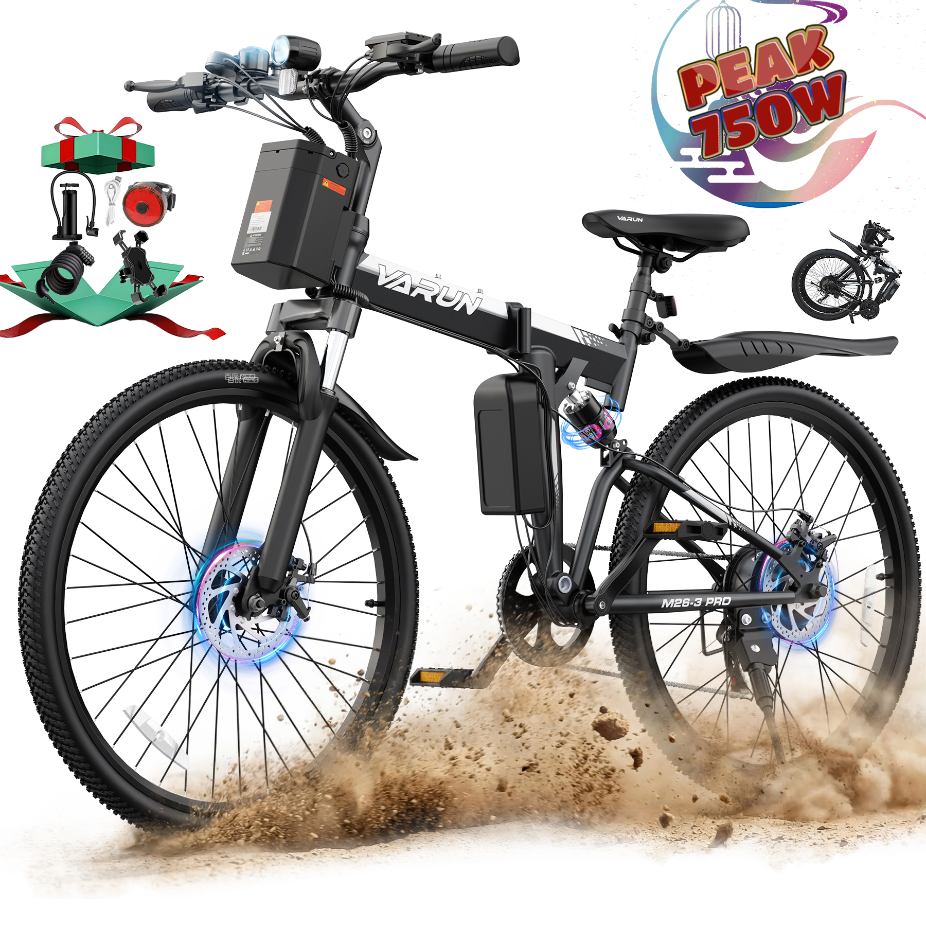 VARUN Electric Bike, 26" Foldable Ebike, Peak 750W Motor, 48V 374.4Wh ...