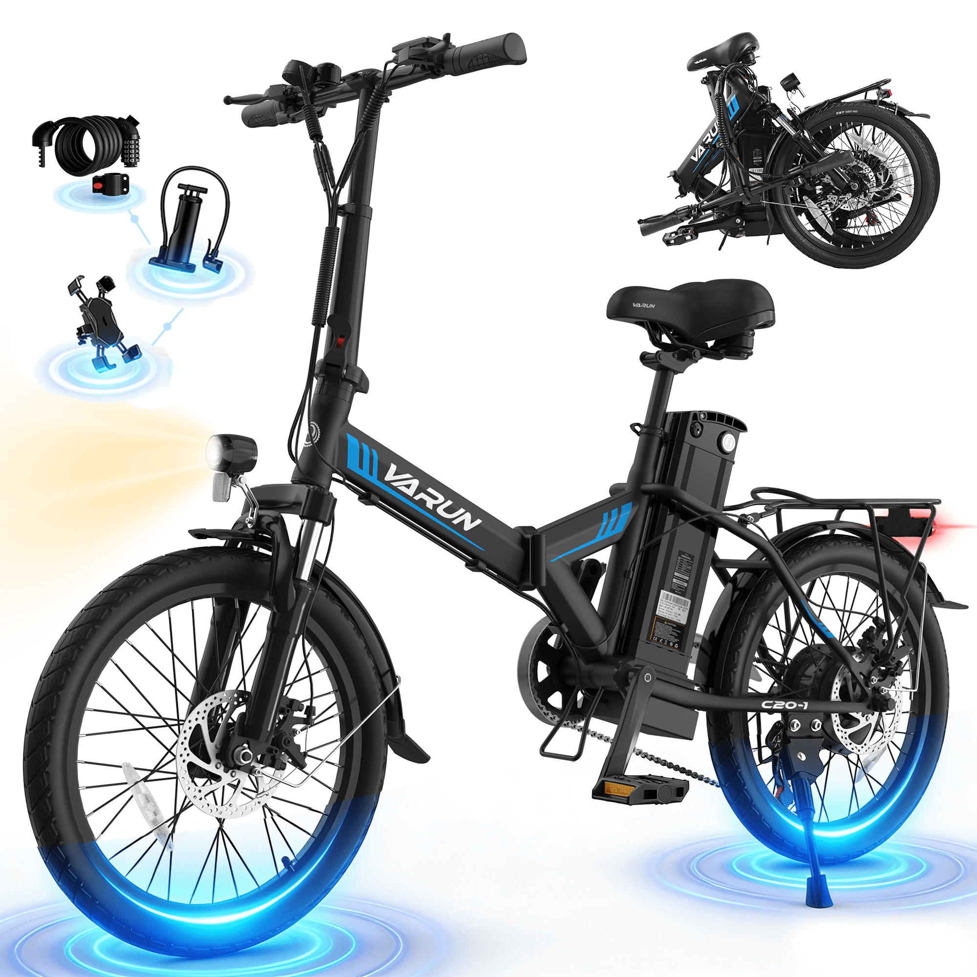 VARUN Electric Bike, 20" Folding EBike for Adults Teens, Peak 750W 48V 374.4Wh Battery, Foldable ...