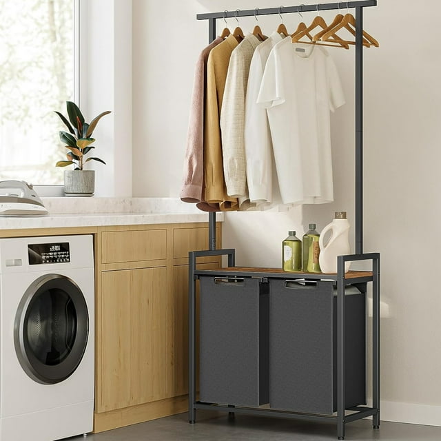 VASAGLE 2-Section Laundry Sorter with Clothes Rack, Top Shelf, and ...