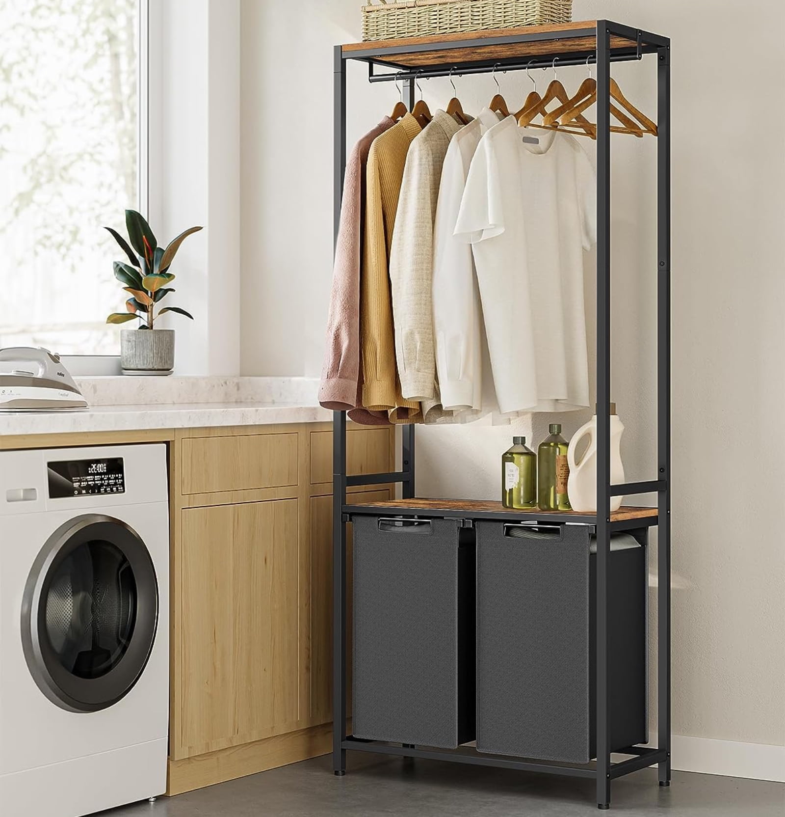 VASAGLE 2-Section Laundry Sorter, Double Hamper with Rack, 2 Removable ...