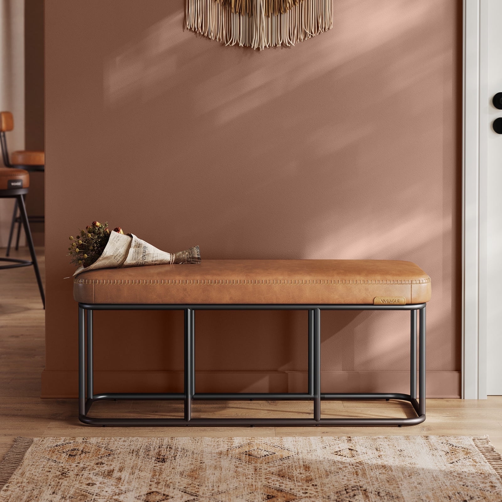 VASAGLE Entryway Ottoman Bench, Caramel Brown, Steel Frame, 15.7"D x 43 ...