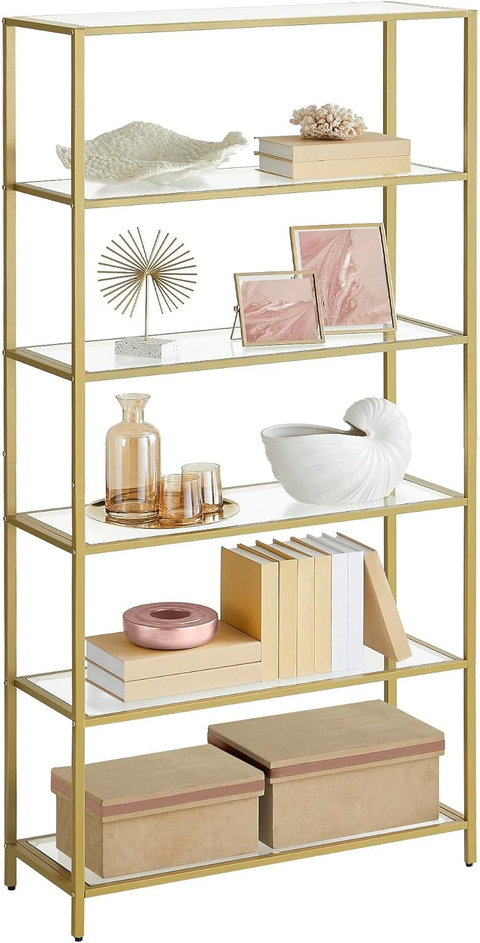 VASAGLE 6-Tier Metallic Gold Bookcase, Slim Steel Frame, Tempered Glass ...