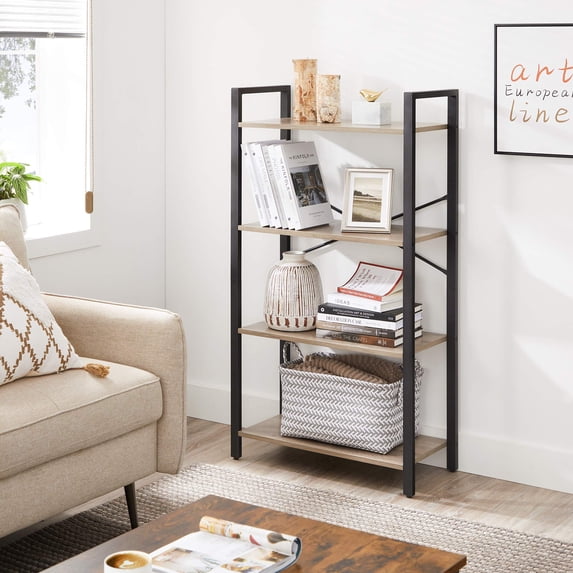 Vasagle Bookshelf, 4-Tier Bookcase, Greige and Black, Industrial Steel ...