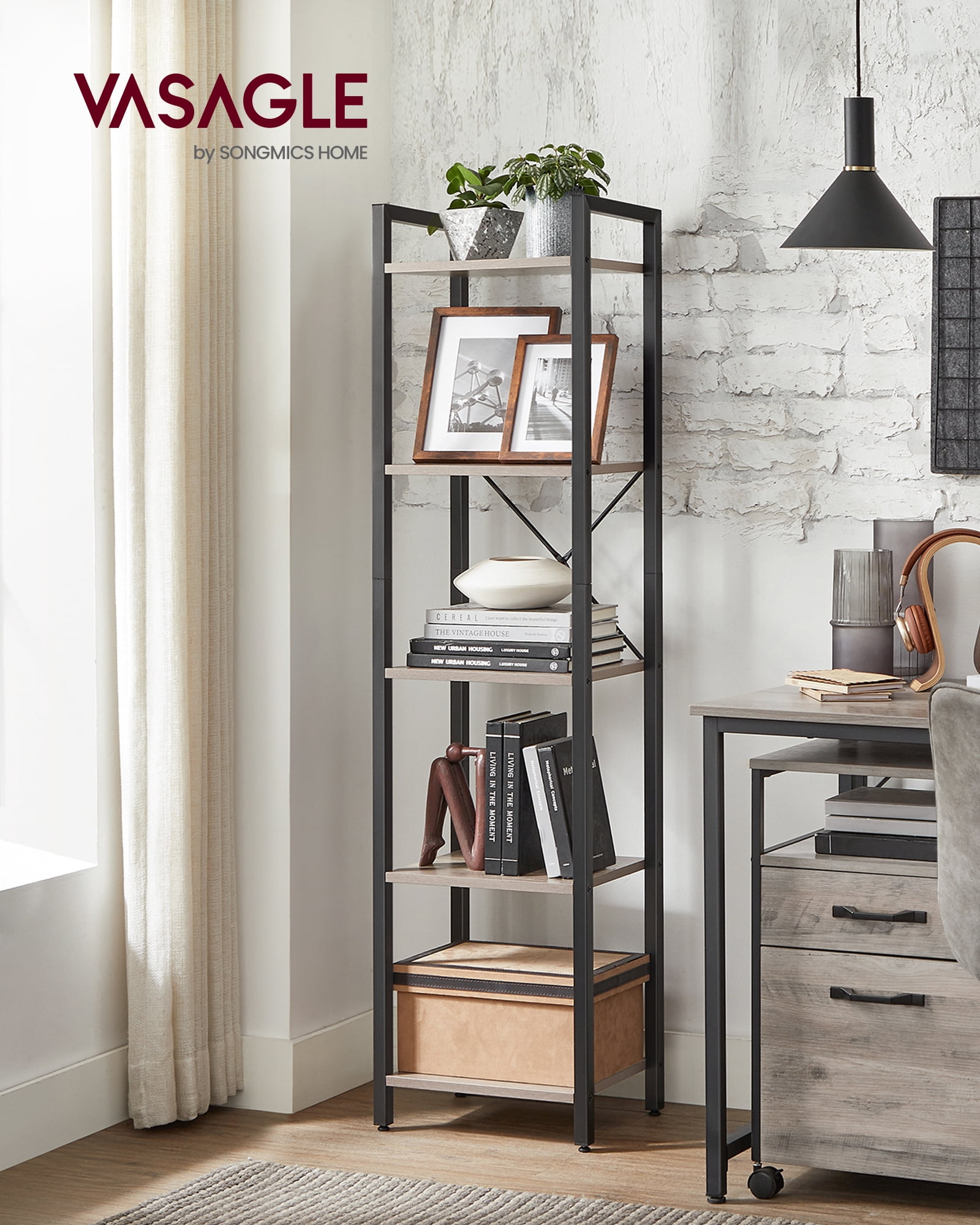 Bookshelf, Bookcase, 5-Tier Storage Shlef Rack with Steel Frame, Greige ...