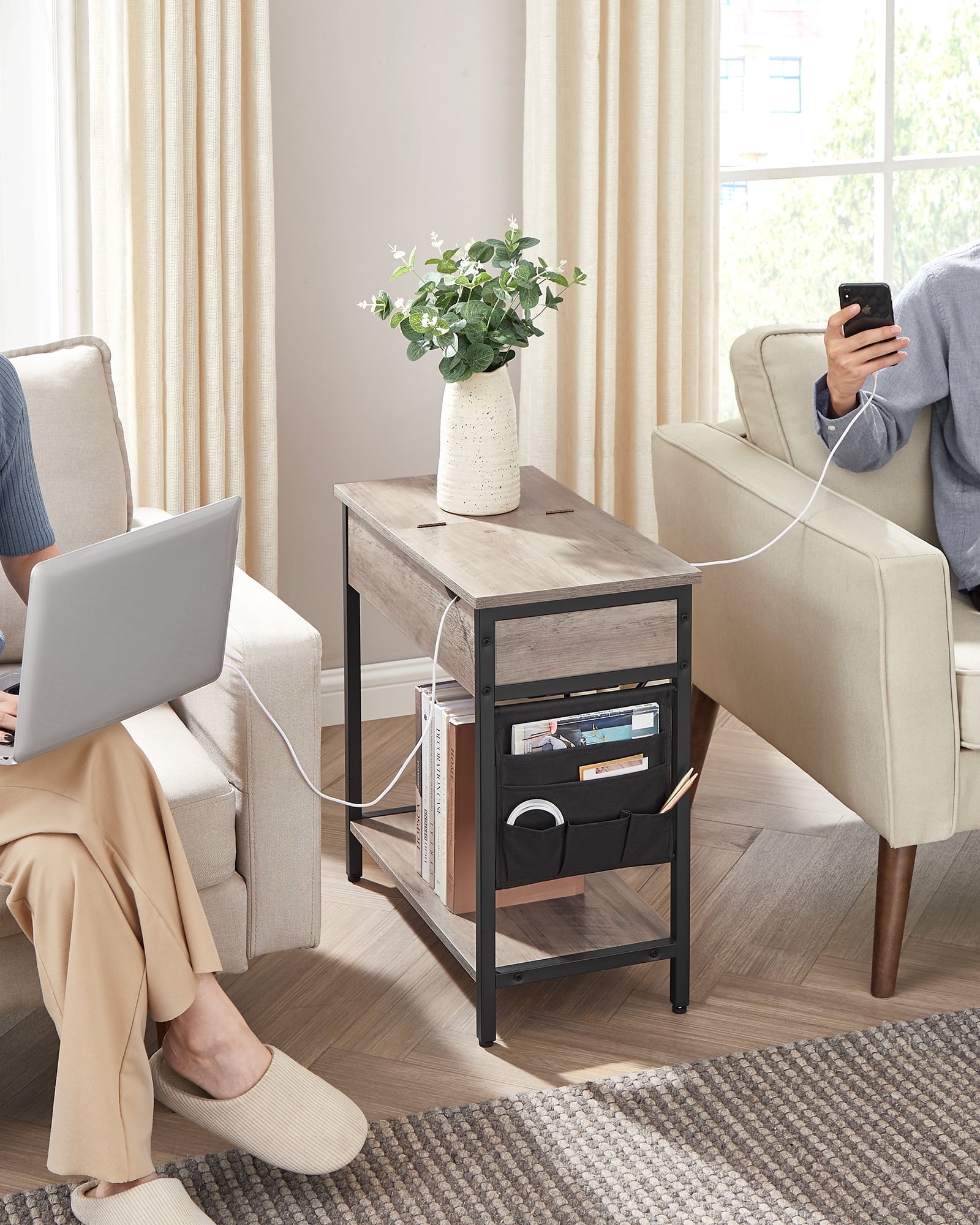 Side Table with Storage, End Table with USB Ports and Outlets ...