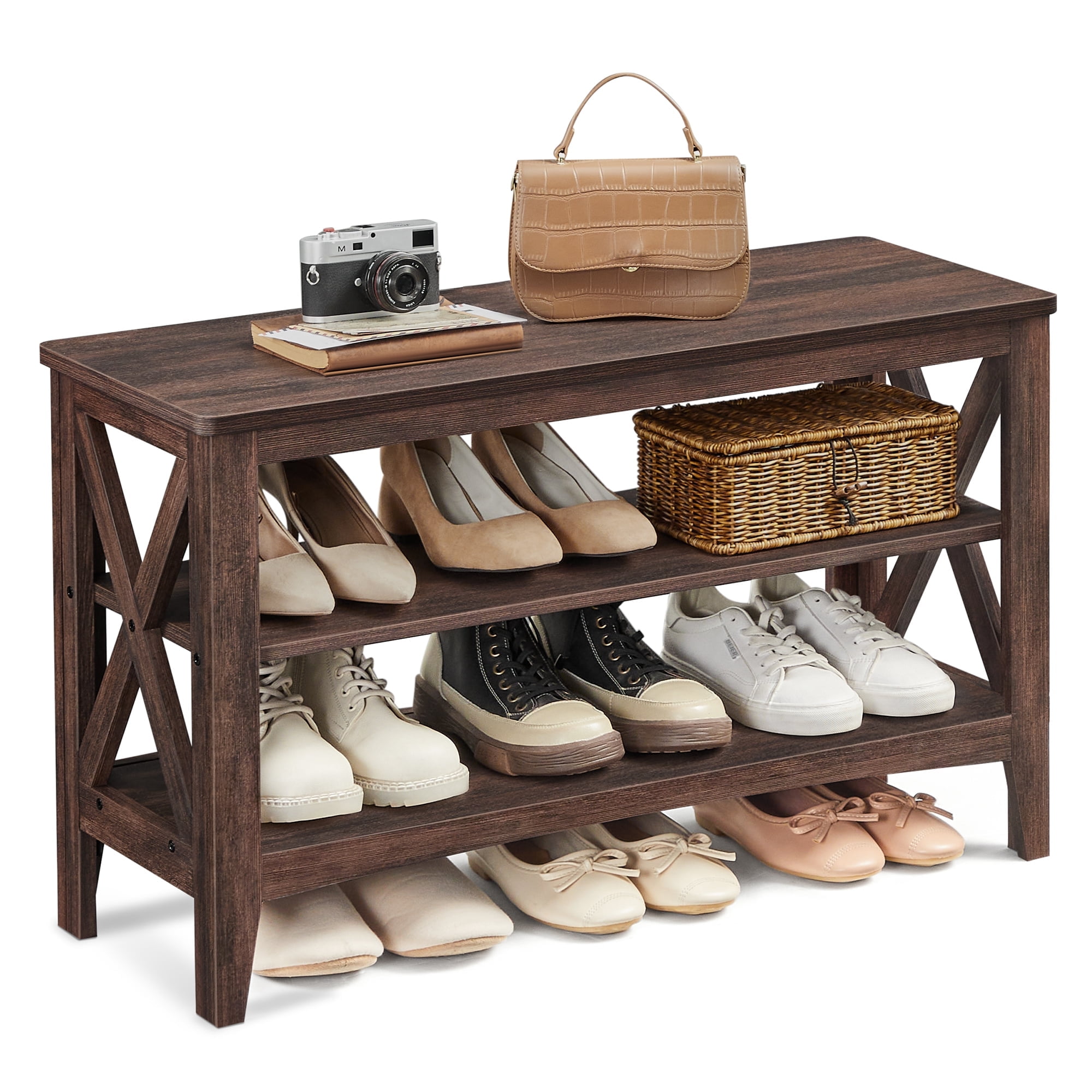 VASAGLE Entryway Storage Bench - 2-Tier Shoe Rack, Farmhouse Style ...