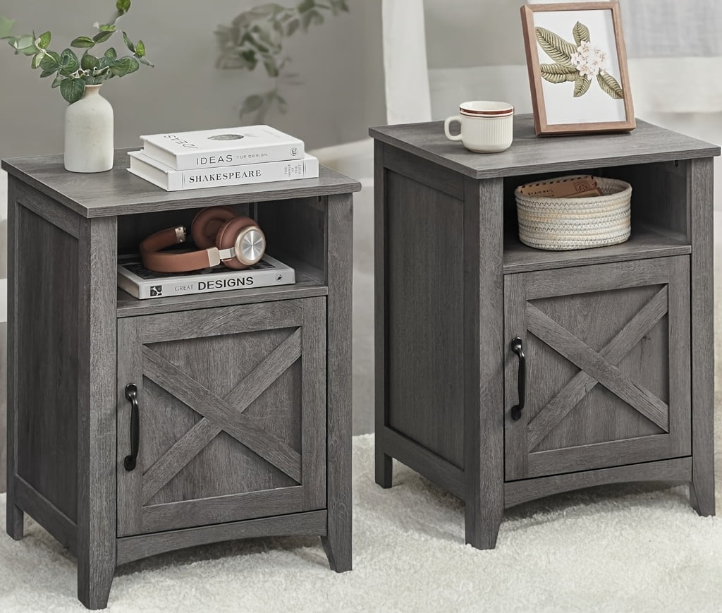 VASAGLE Farmhouse Nightstand with Barn Door, Set of 2, Bedside Table ...