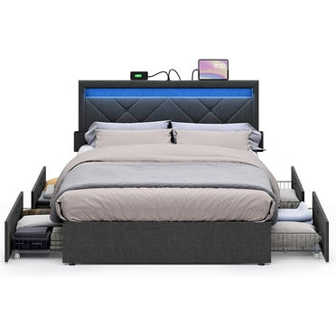 Gyfimoie Queen Size Bed Frame with Charging Station, 4 Storage Drawers ...