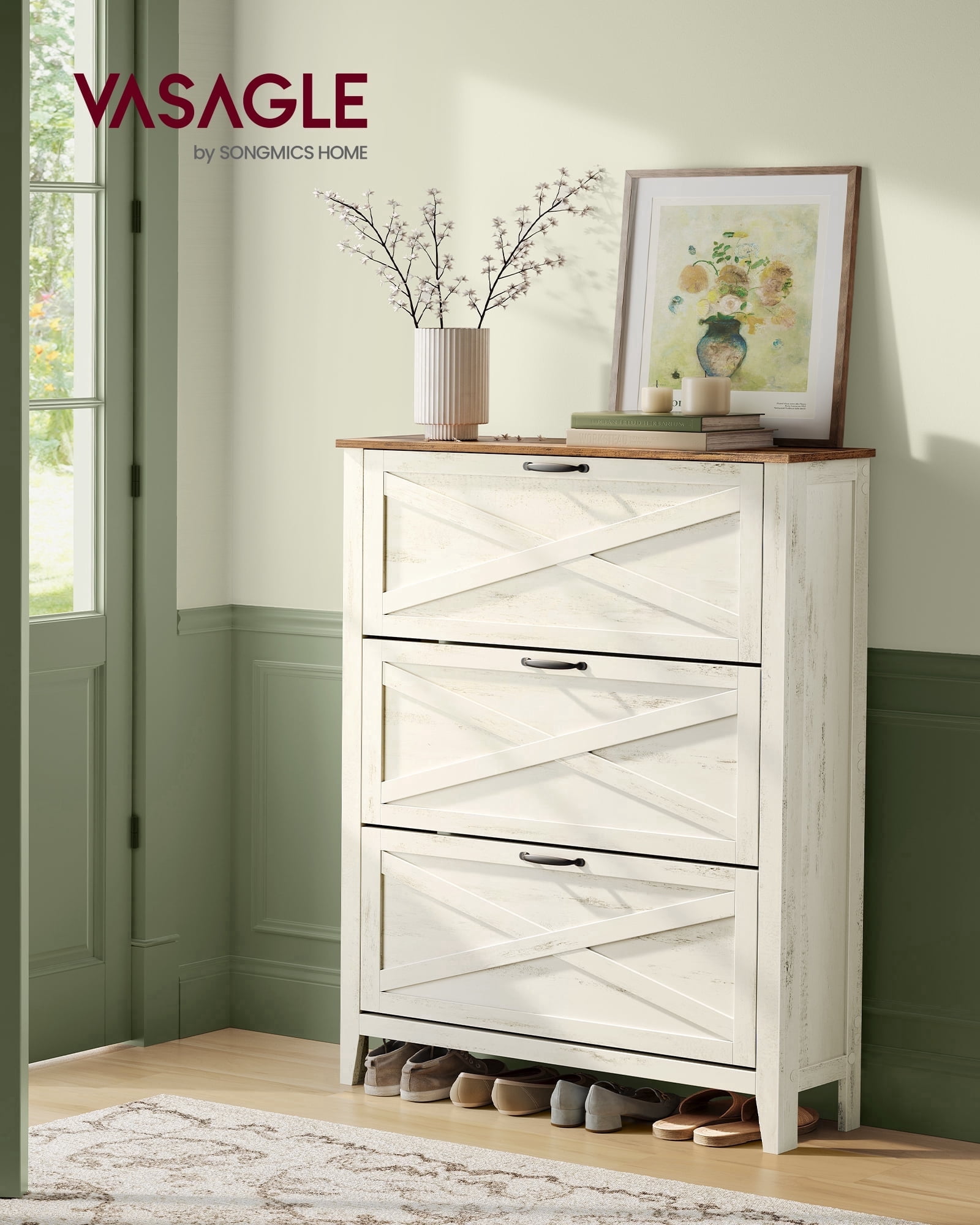 Shoe Storage Cabinet Organizer with 3 Flip Drawers, Freestanding Narrow ...