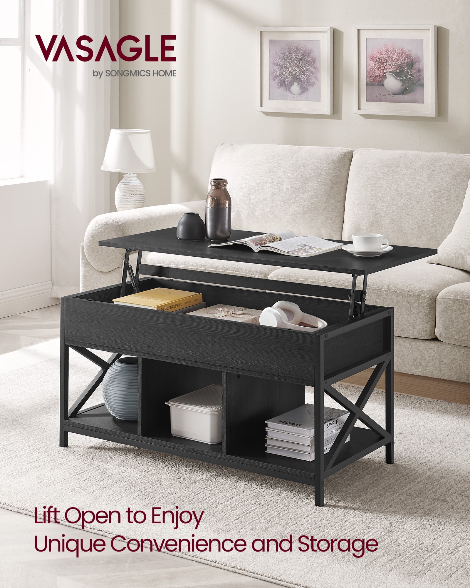 VASAGLE Lift Top Coffee Table, Lift Coffee Table with Storage Shelf ...